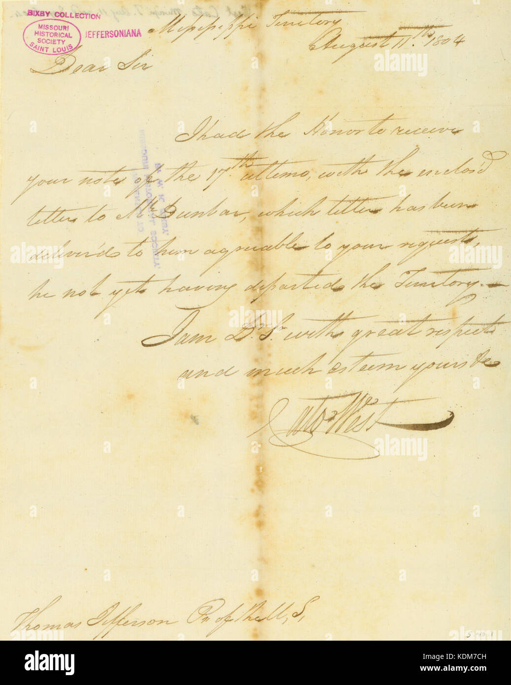 Letter signed Cato West, Mississippi Territory, to Thomas Jefferson ...