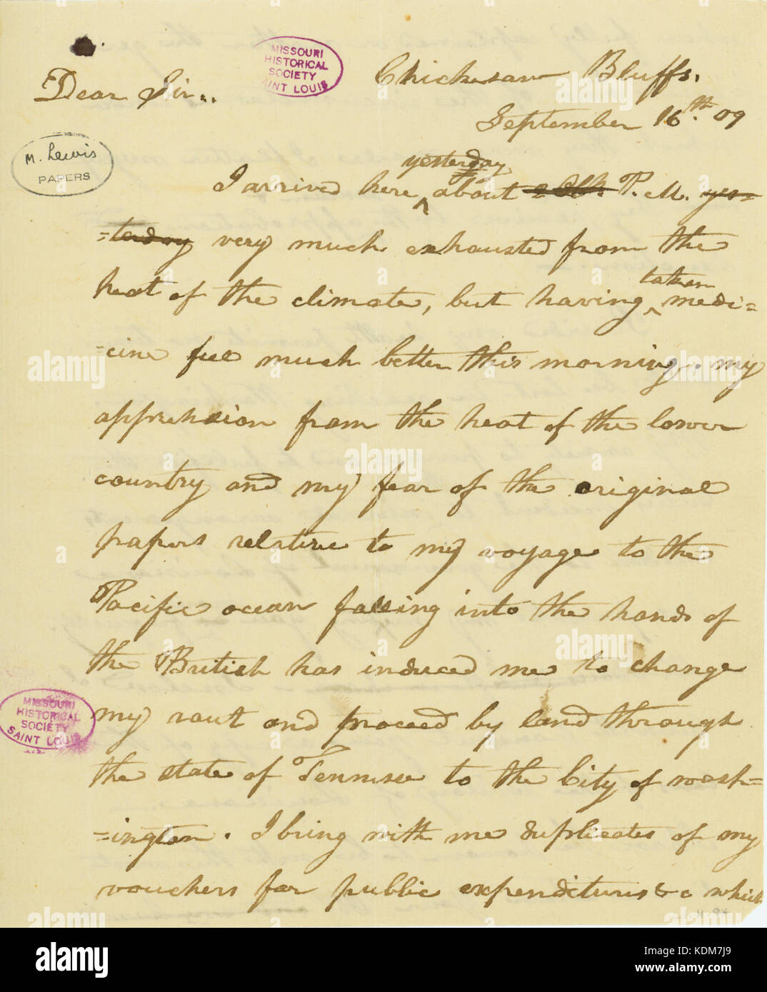 This letter from Meriwether Lewis, written at Chickasaw Bluffs to James ...