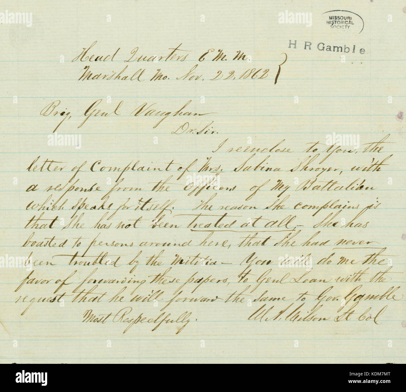 Letter signed Lt. Col. W.A. Wilson, Head Quarters E.M.M. (Enrolled ...