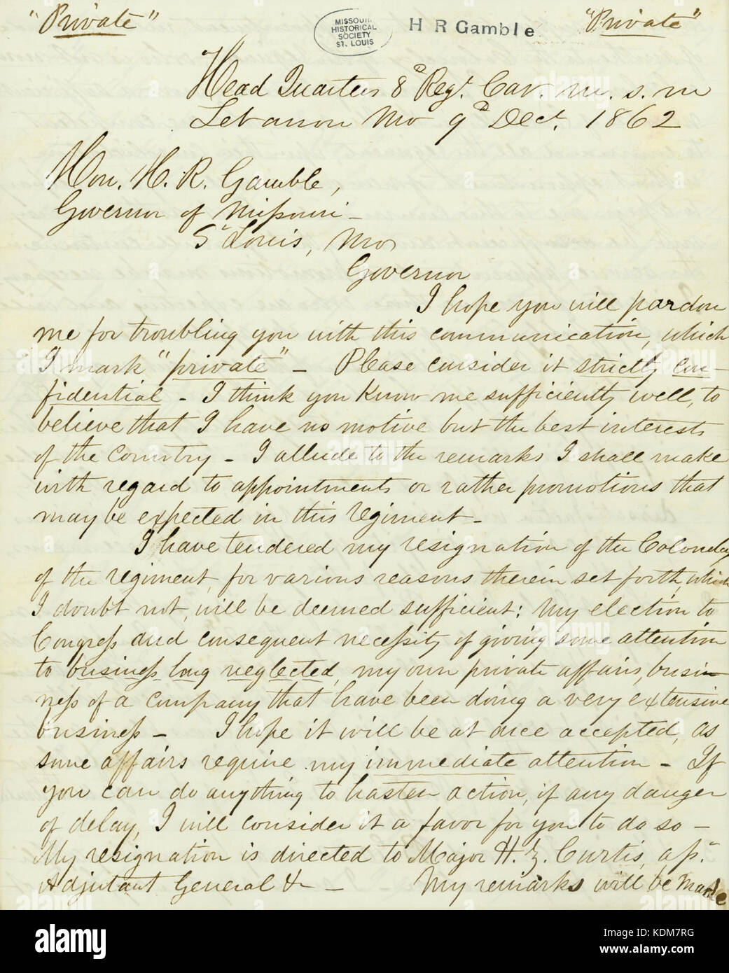 A historical letter signed by J.W. McClurg, dated December 9, 1862 ...