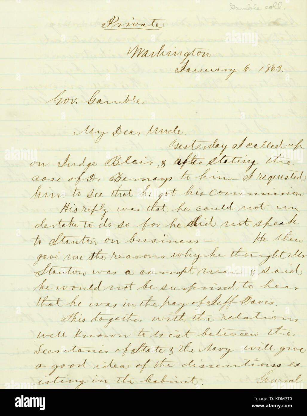 A historical letter dated January 6, 1863, from C. Gibson in Washington ...