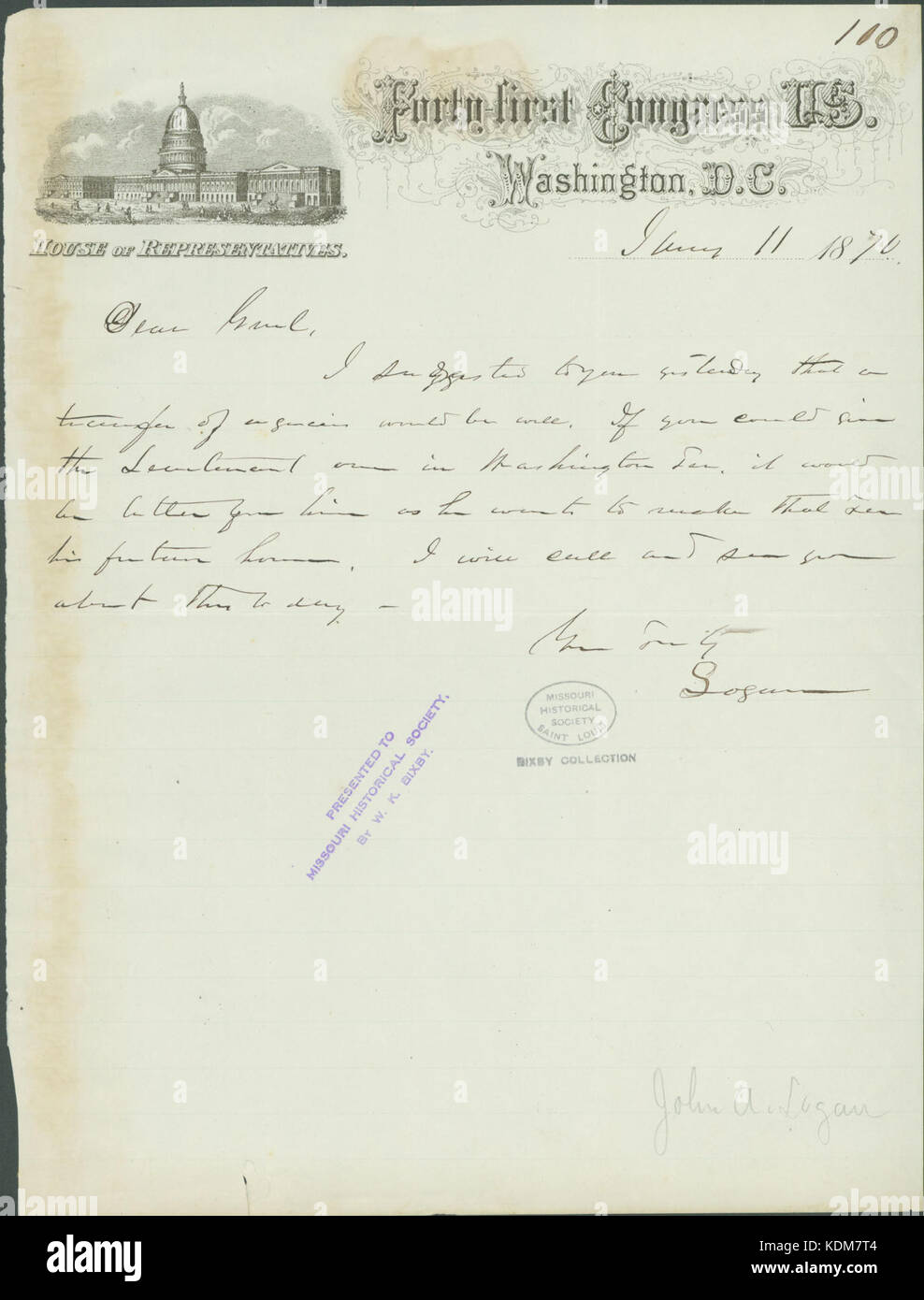 Letter signed Logan (John A. Logan), Forty first Congress U.S ...