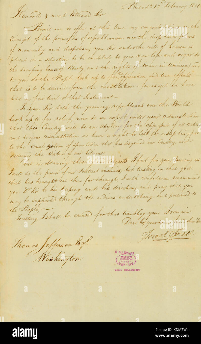 Letter from Israel Israel, Philadelphia, to Thomas Jefferson ...