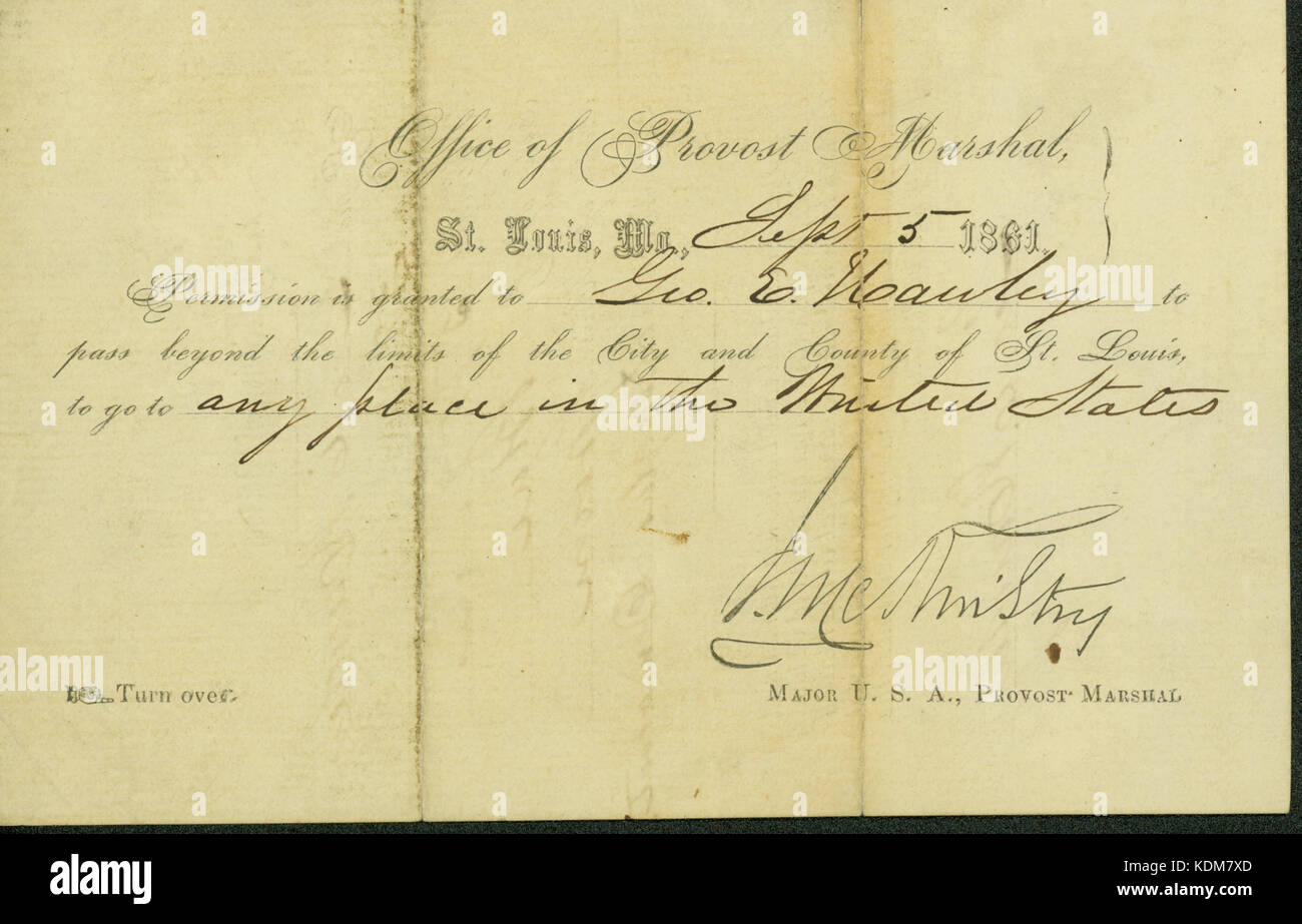 Military pass of George E. Hawley, Office of Provost Marshal, St. Louis ...