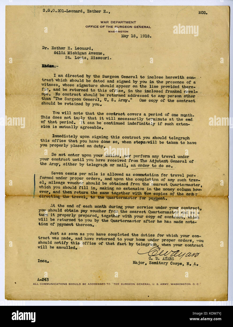 This letter, signed by C.W. Ayars, Major in the War Department ...