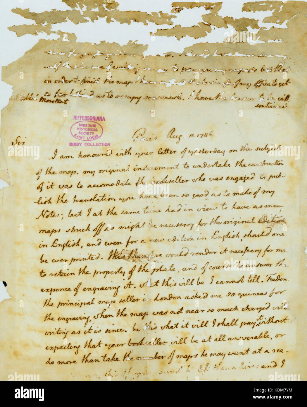 This letter, signed by Thomas Jefferson in Paris on August 11, 1786, is ...