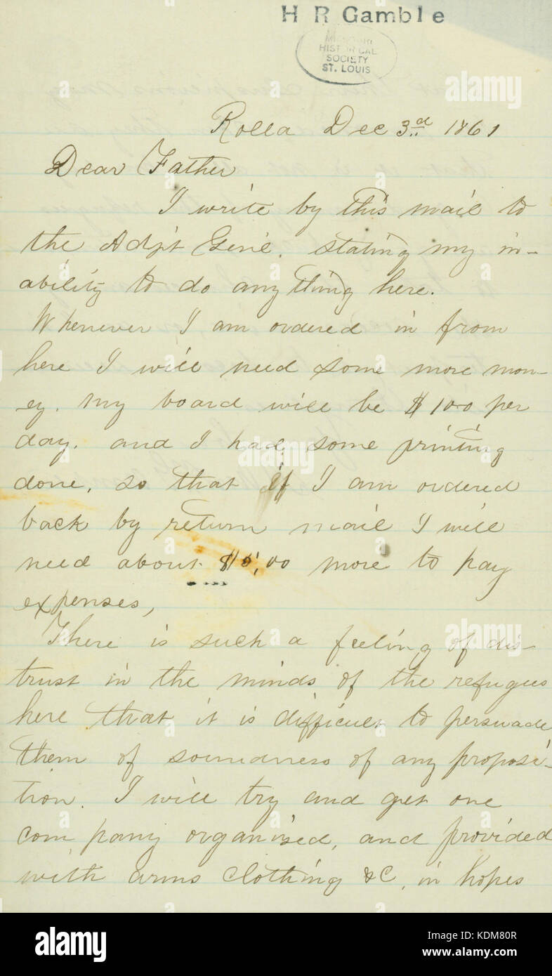 Letter signed Hamn. Gamble (Hamilton R. Gamble, Jr.), Rolla, to Father ...