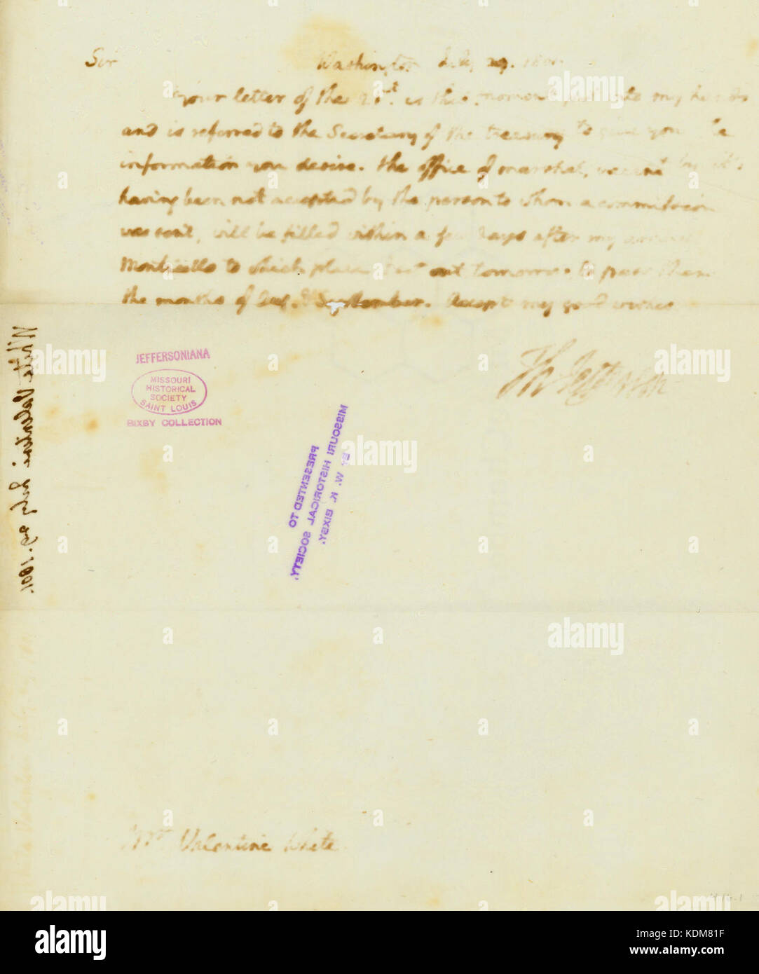 Letter from Thomas Jefferson, Washington, to Valentine White, July 29 ...