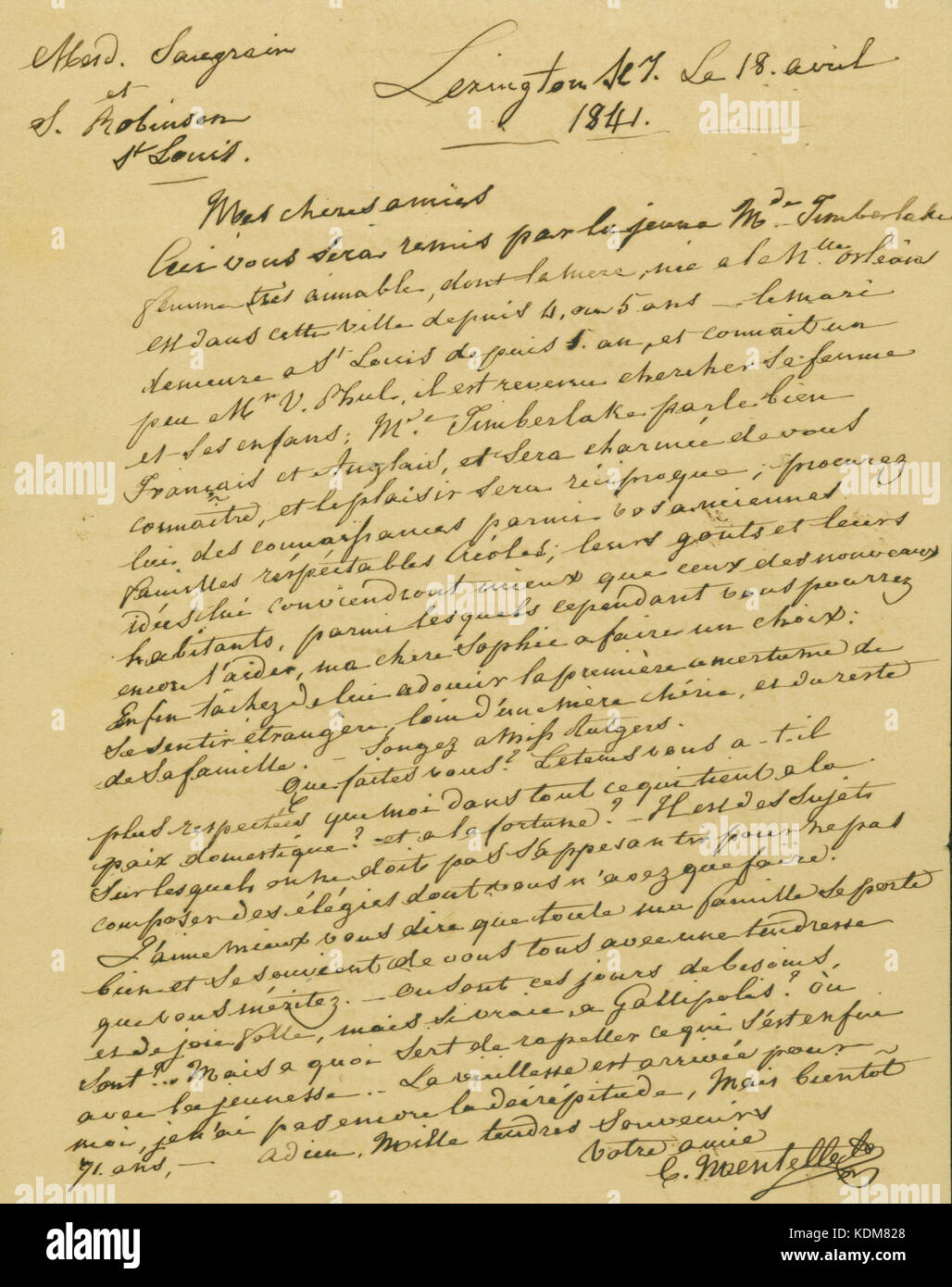 A personal letter written by Mentelle on April 18, 1841, addressed to ...