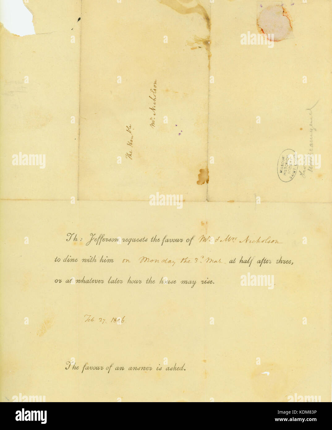 Invitation to Mr. and Mrs. (Joseph) Nicholson from Thomas Jefferson ...