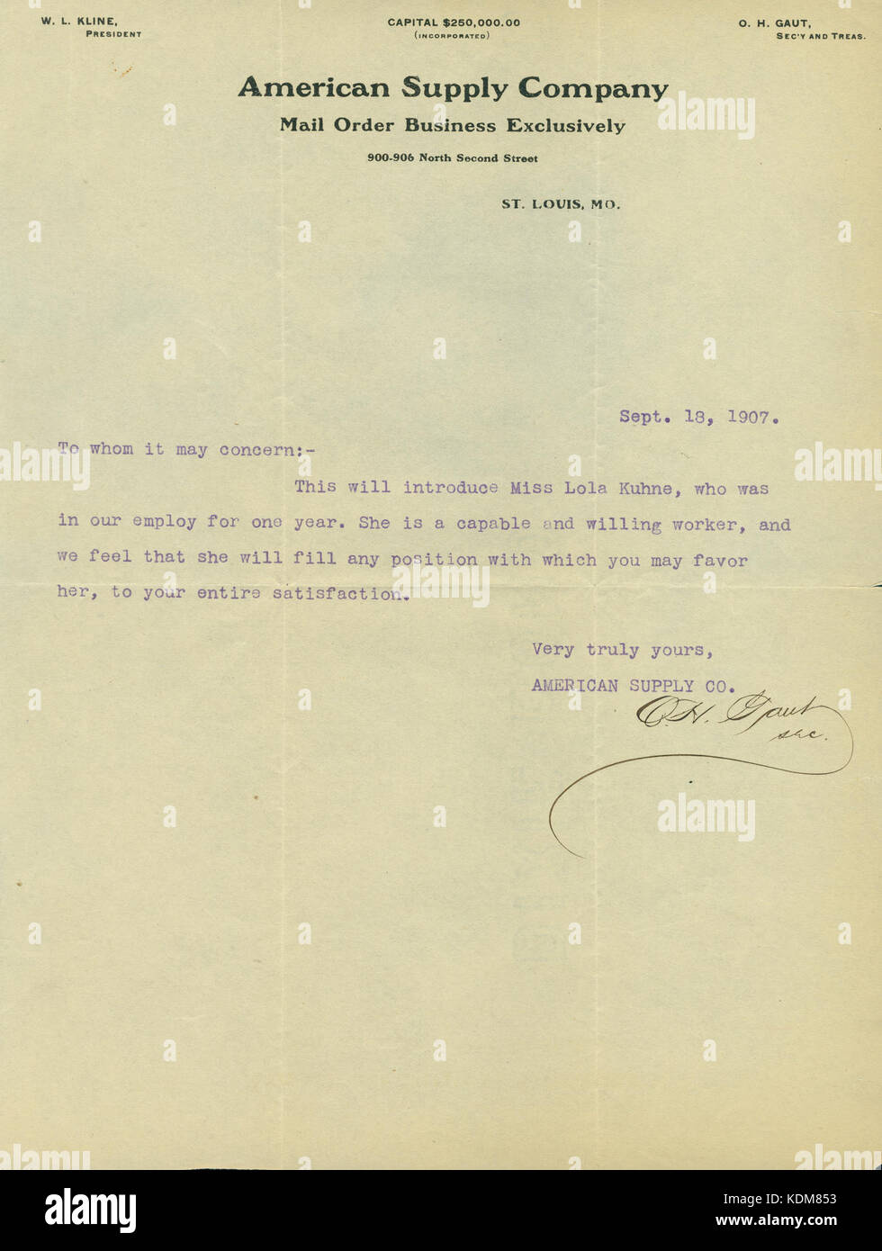 Letter from American Supply Co., September 18, 1907 Stock Photo - Alamy