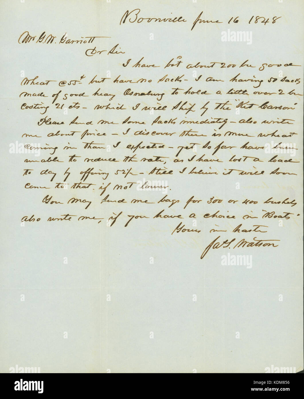 Letter from Jas. S. Watson, Boonville, to G. W Garriott, St. Charles ...