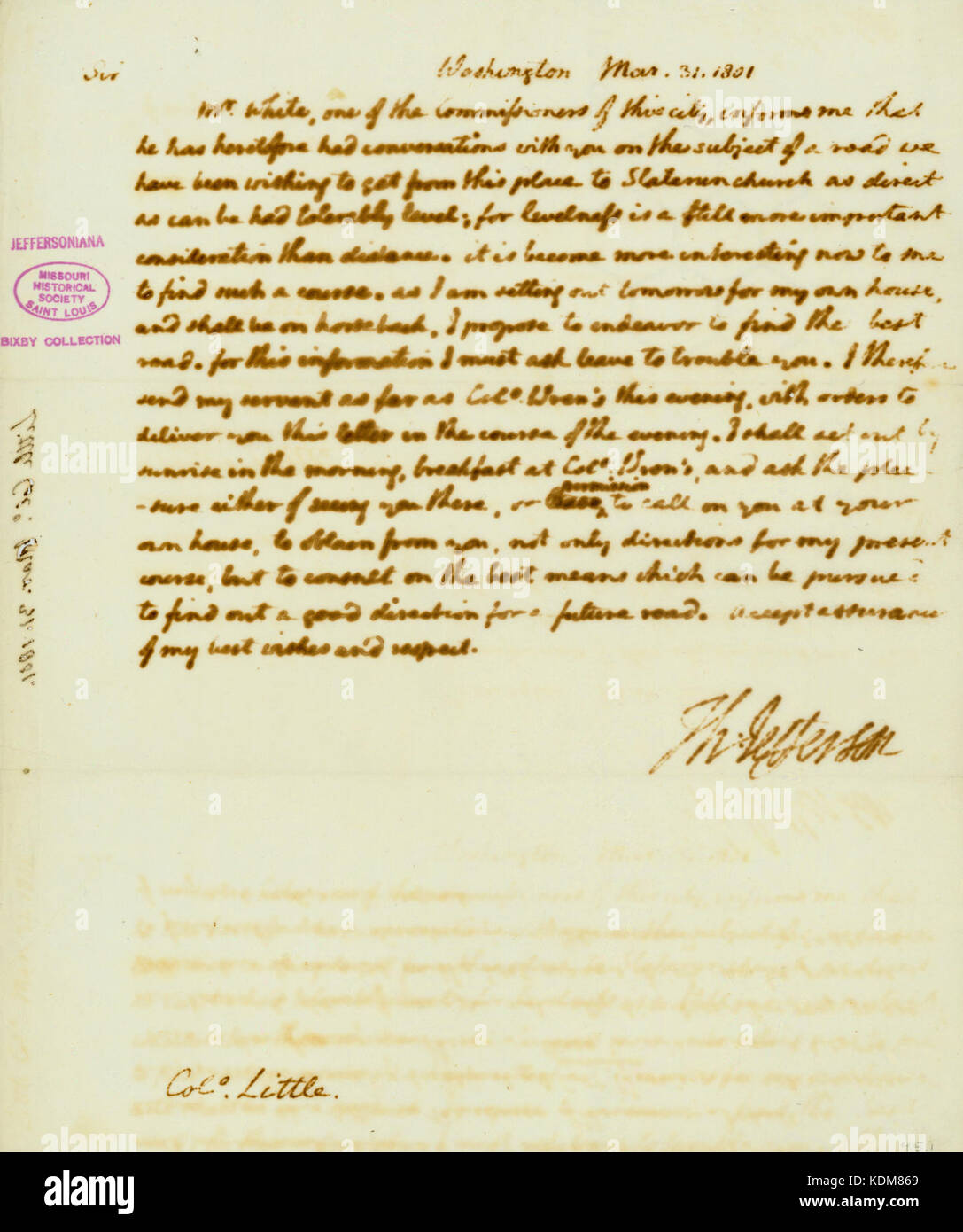 Letter from Thomas Jefferson, Washington, to Col. Little, March 31 ...