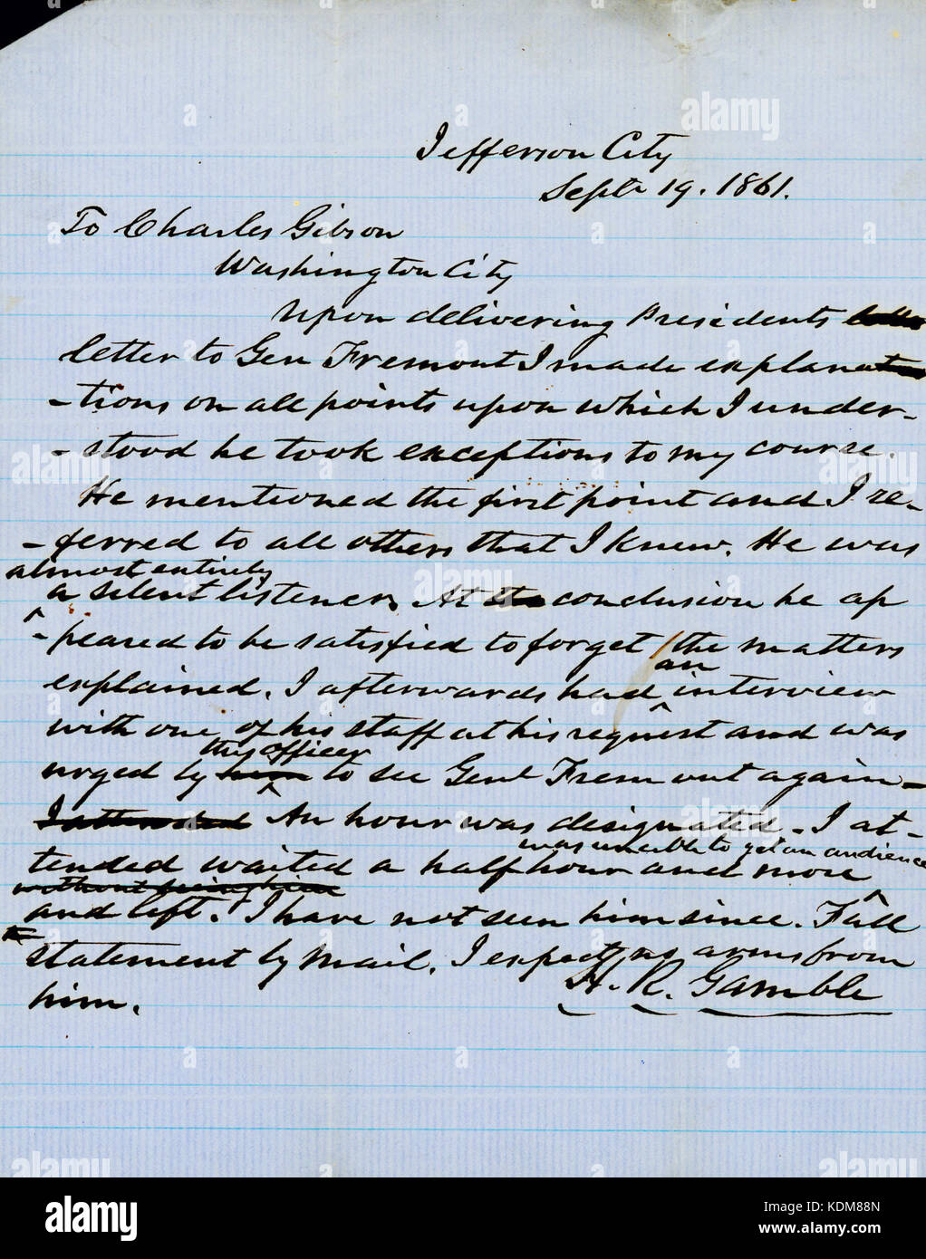 This letter, signed by H.R. Gamble, was sent from Jefferson City to ...