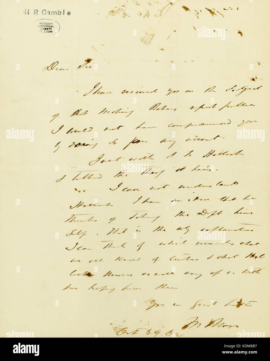 Letter signed M. Blair (to Hamilton R. Gamble), October 29, 1862 Stock ...