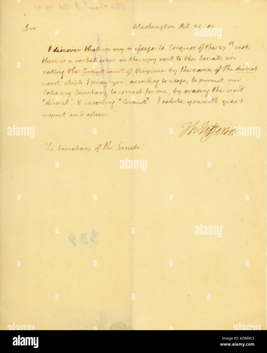 Letter signed Thomas Jefferson, Washington, to Samuel Otis, the ...