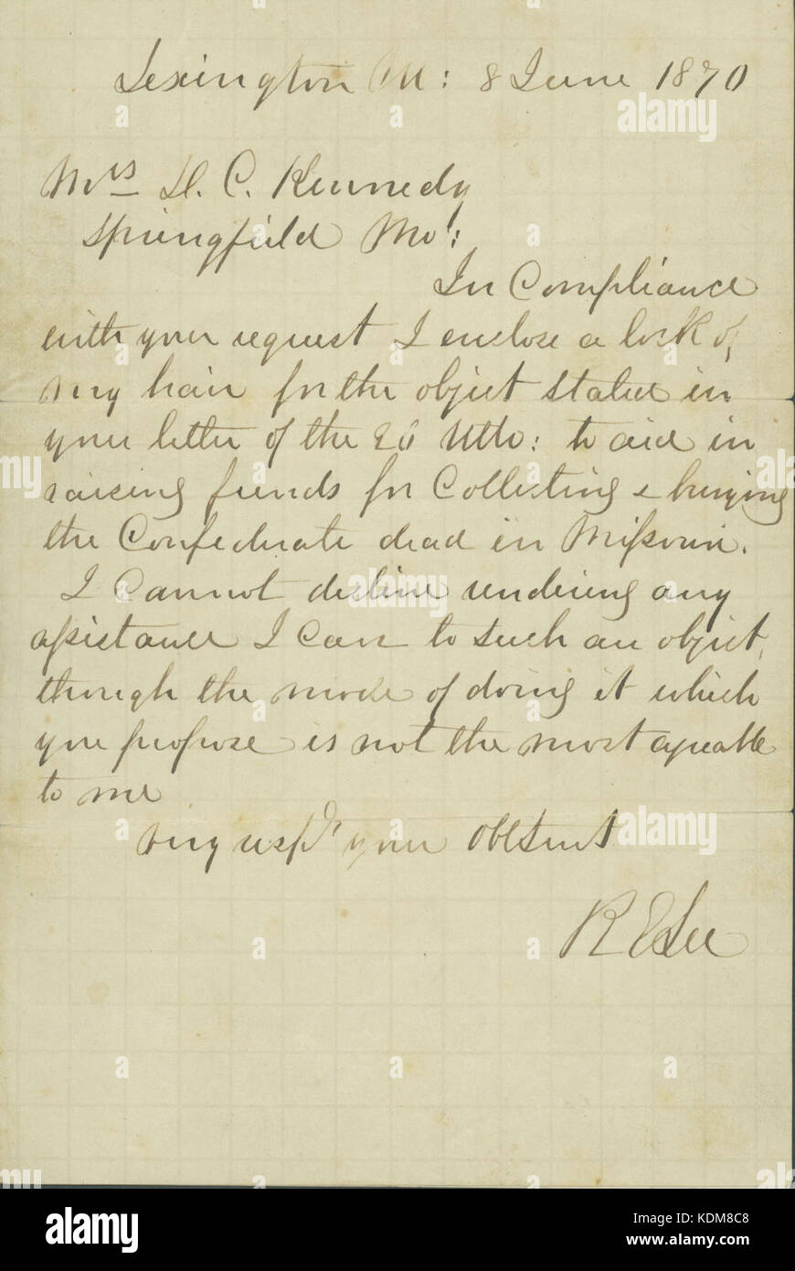 Letter signed R.E. Lee to Mrs. D.C. Kennedy, June 8, 1870 Stock Photo ...