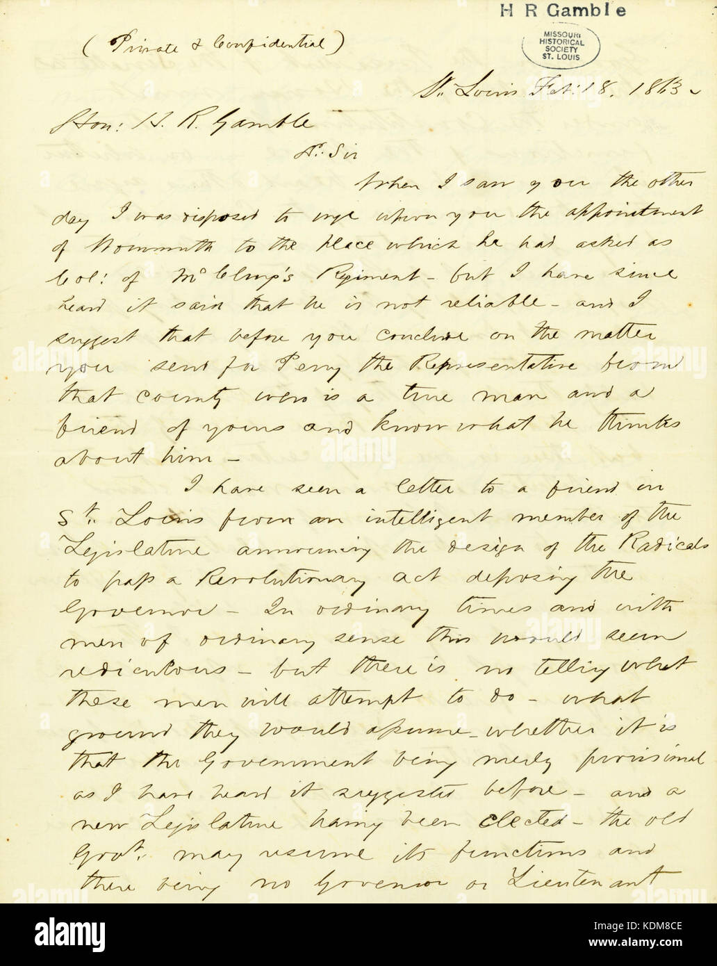 Letter signed Jas. O. Broadhead (James O. Broadhead), St. Louis, to Hon ...