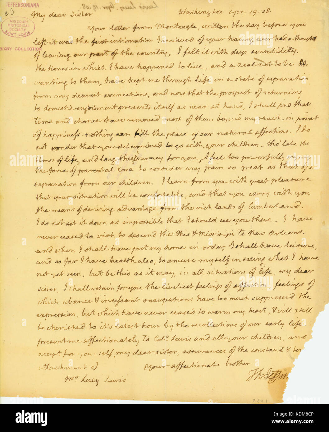 Letter signed Thomas Jefferson, Washington, to (his sister) Mrs. Lucy ...