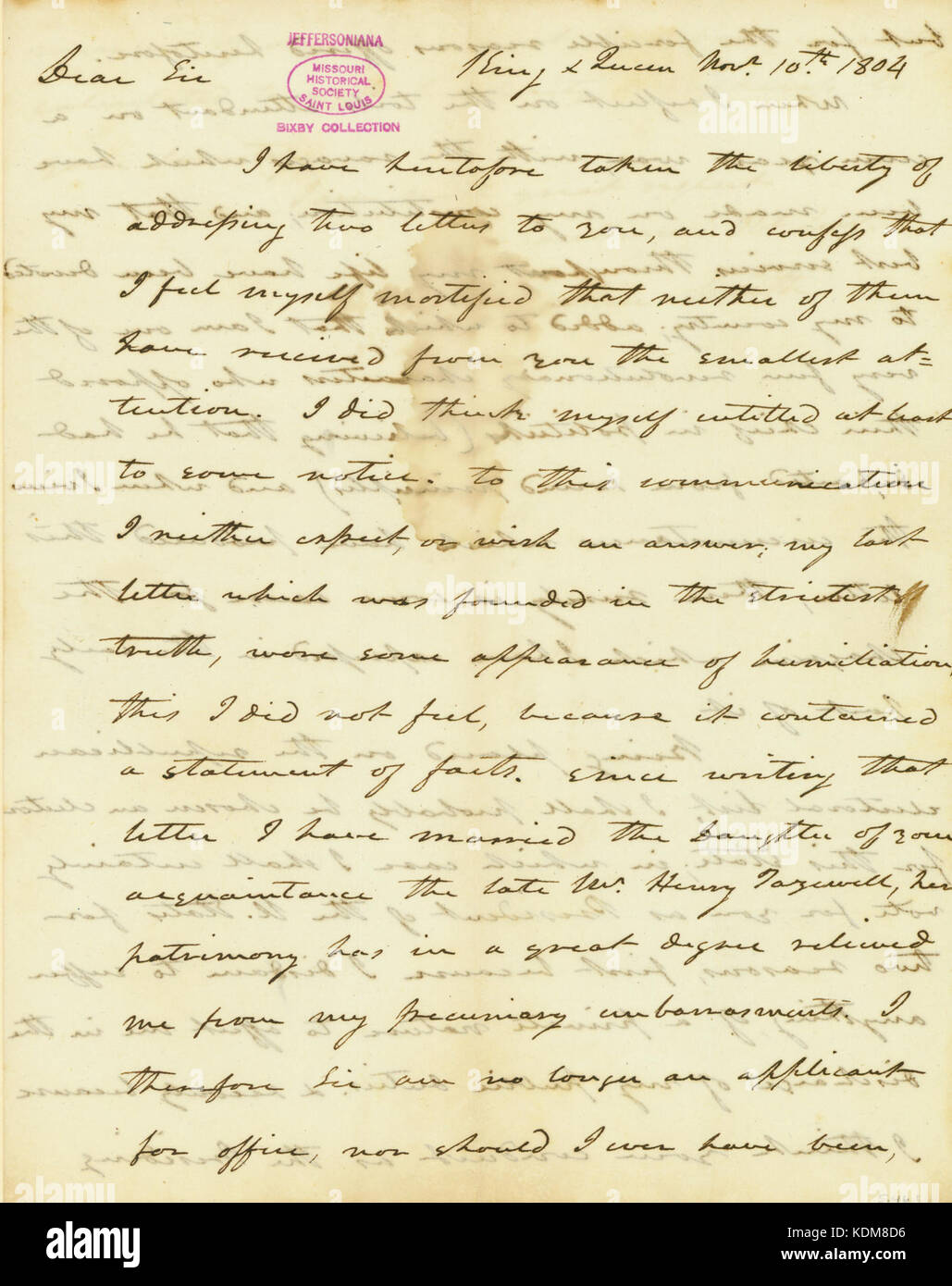 Letter signed Larkin Smith, King and Queen (County), to Thomas ...