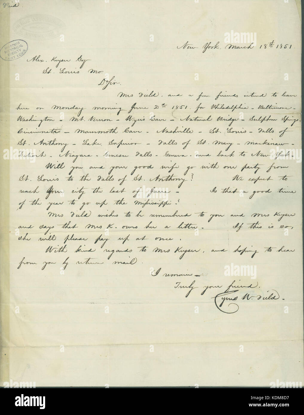 Letter signed Cyrus W. Field to Alexander Kayser, March 18, 1851 Stock ...