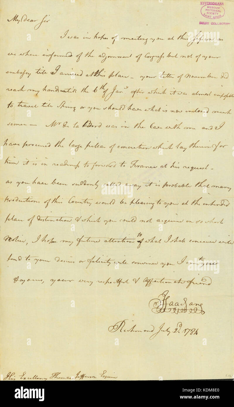 Letter signed Isaac Zane, Richmond, to Thomas Jefferson, July 2, 1784 ...