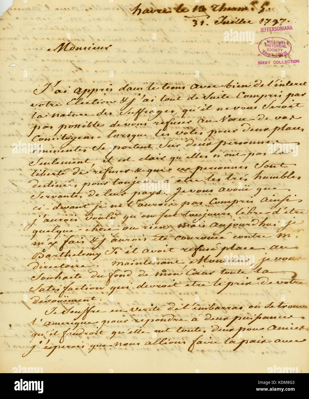 A letter written by Delamotte in Havre, France, to Thomas Jefferson in ...
