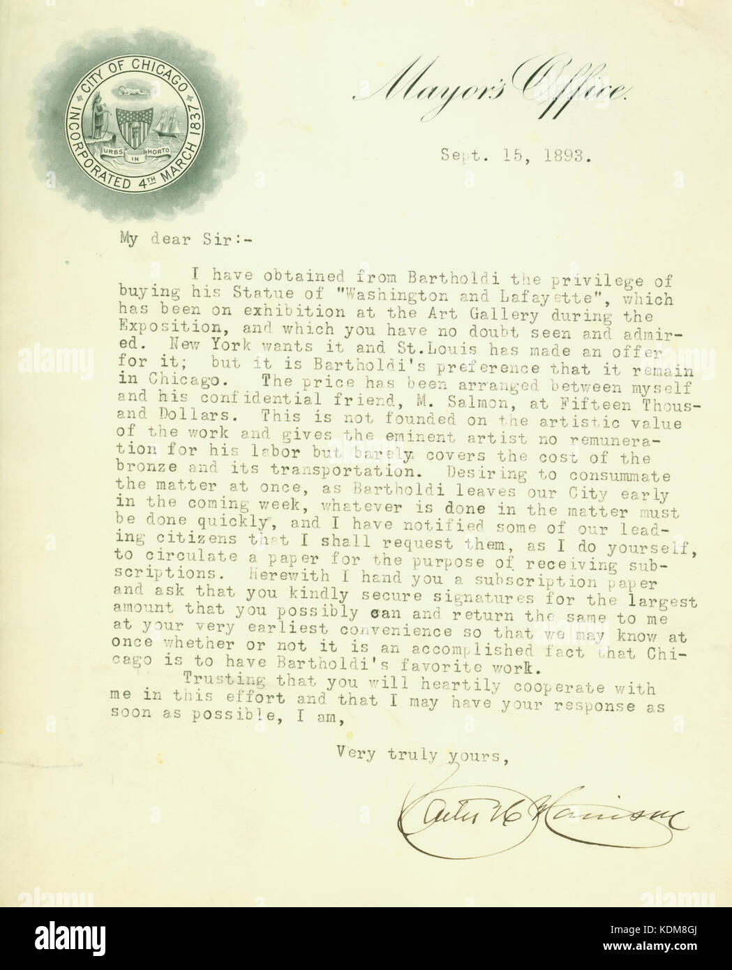 Letter from Carter H. Harrison, Mayor's Office (Chicago), to My Dear ...