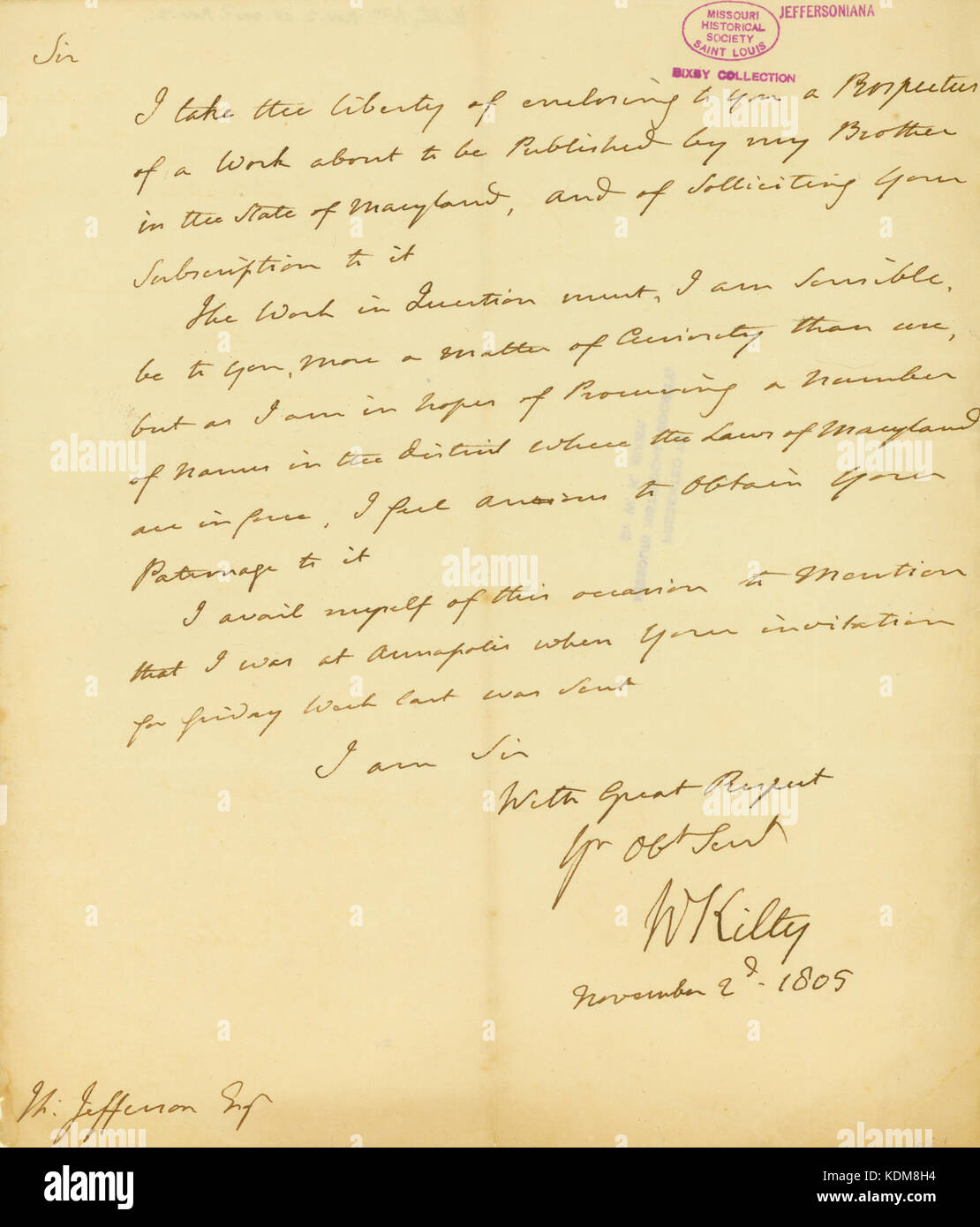 Letter signed William Kilty to Thomas Jefferson, November 2, 1805 Stock ...