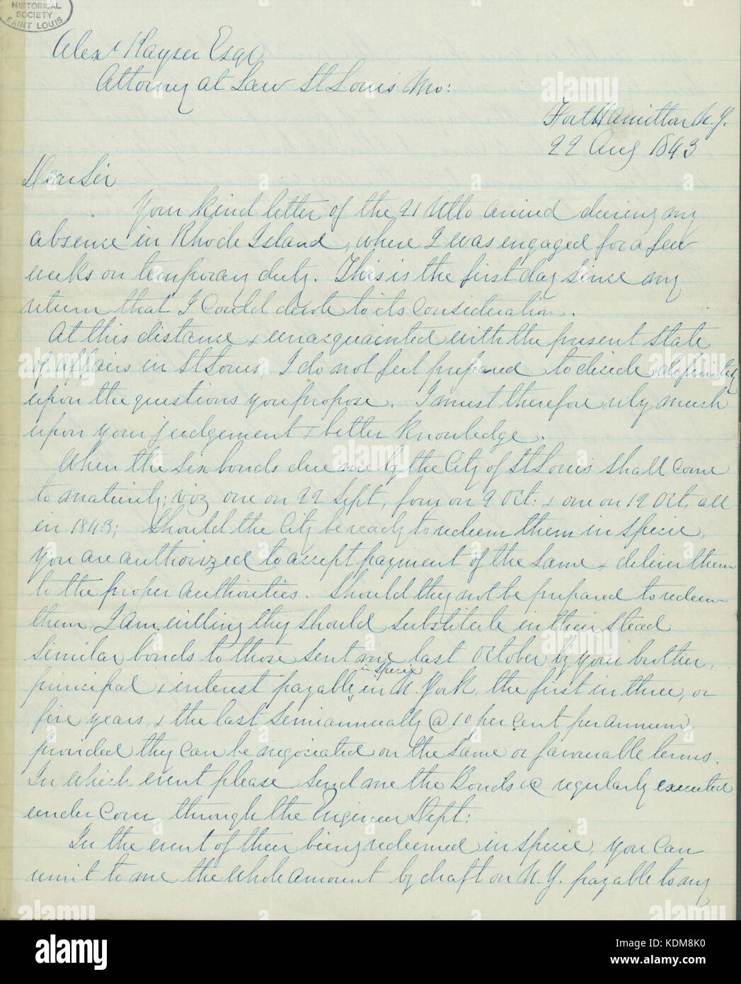 Letter signed R.E. Lee to Alexander Kayser, August 22, 1843 Stock Photo ...