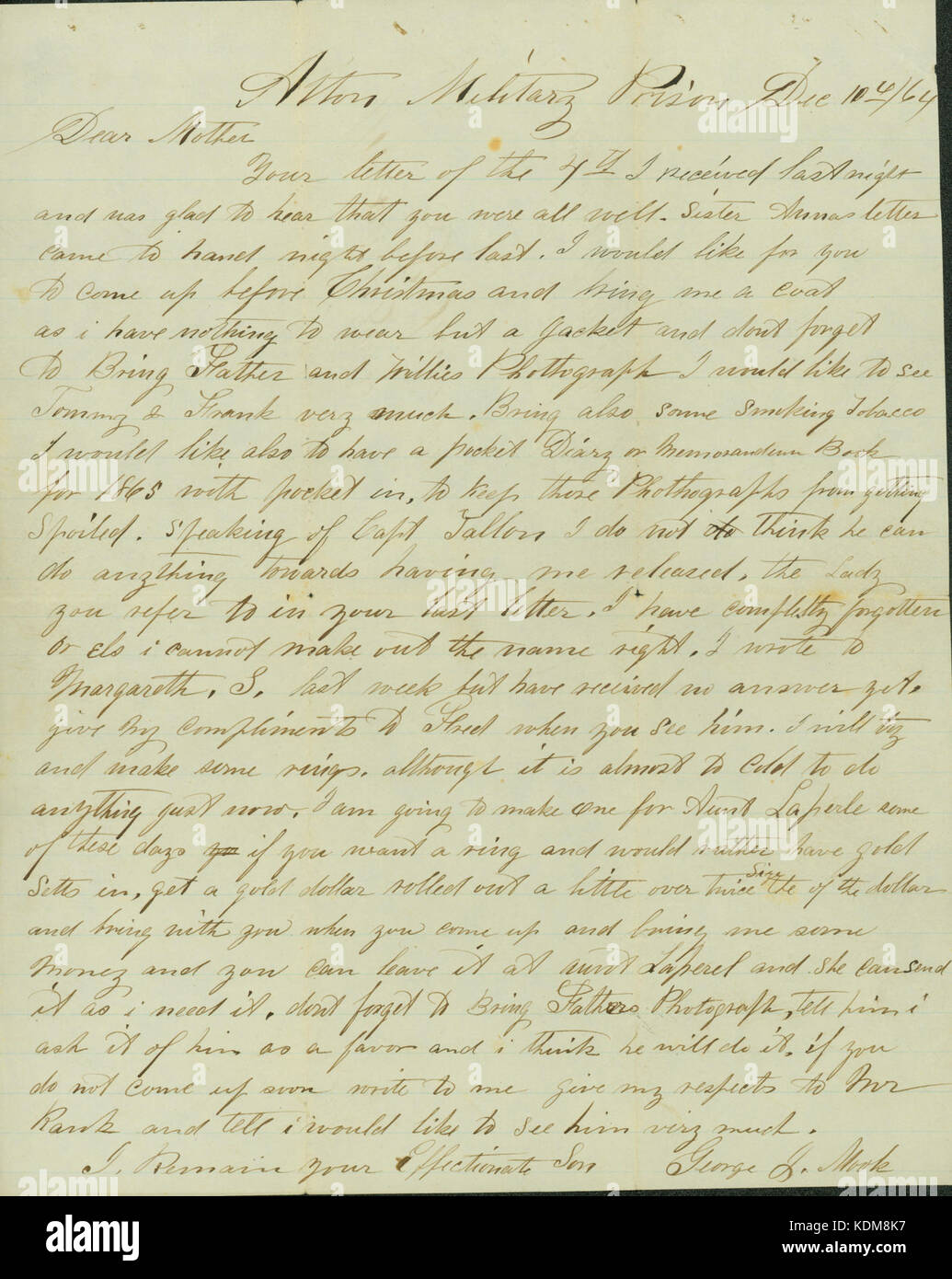 Letter from George J. Mook, Alton Military Prison, Illinois, to his ...