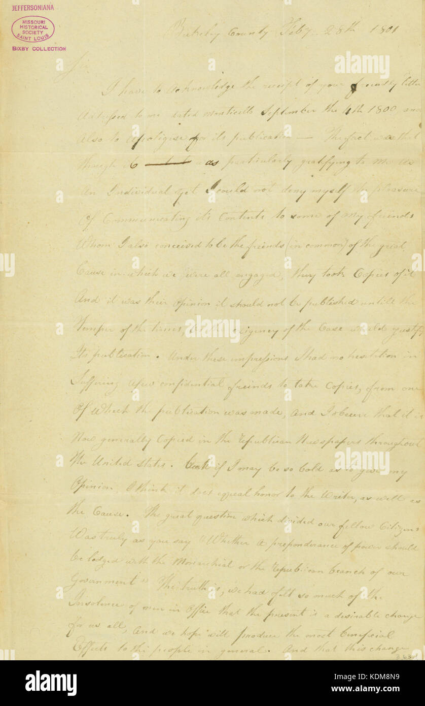 Letter from John VanMetre, Berkeley County, to Thomas Jefferson ...