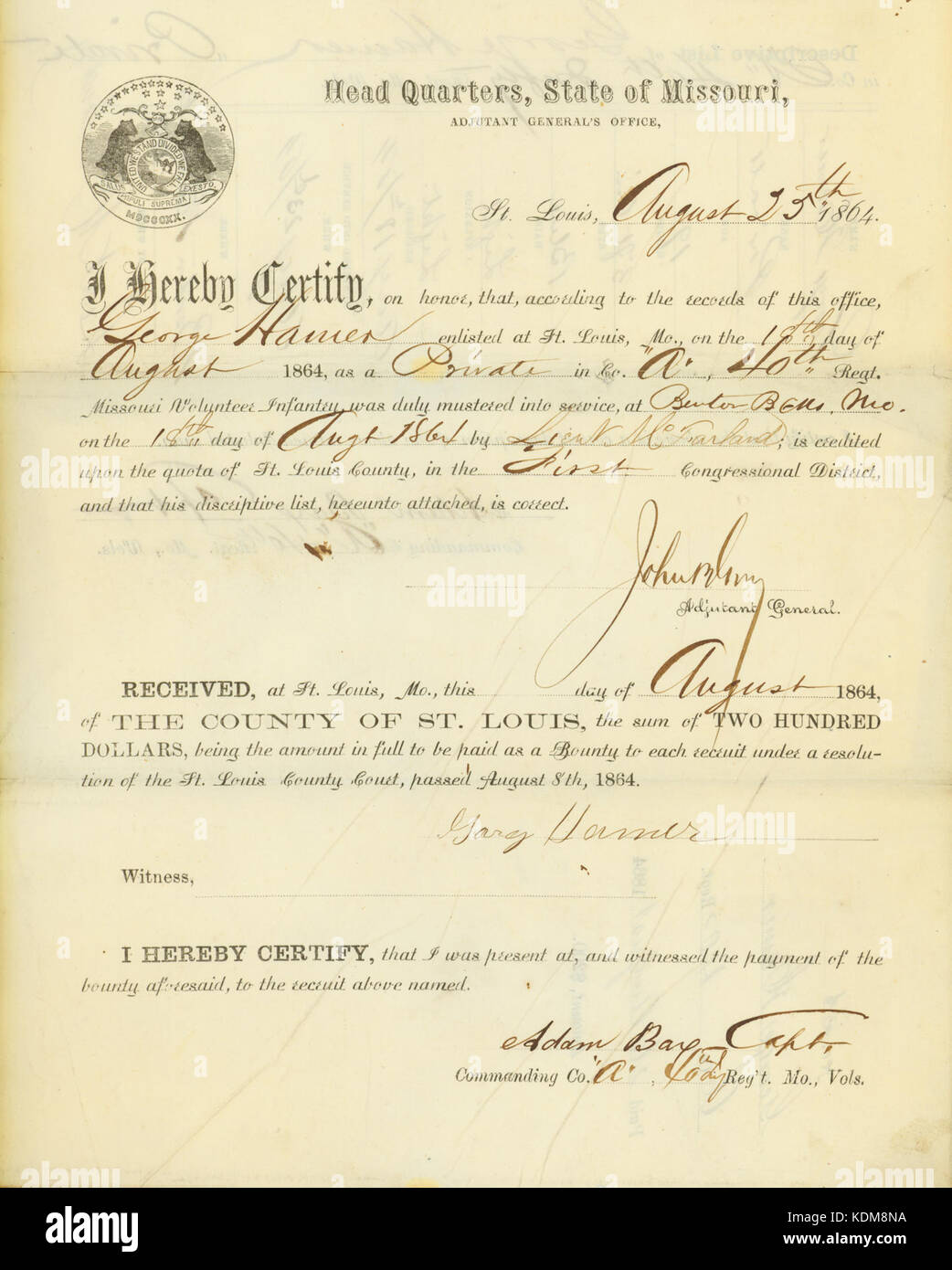 Receipt for bounty paid to George Hamer, August 25, 1864 Stock Photo ...