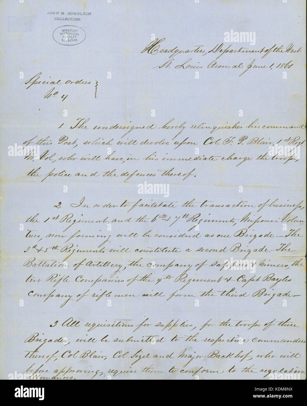 Special Orders No. 4, signed N. Lyon (Nathaniel Lyon), June 1, 1861 ...