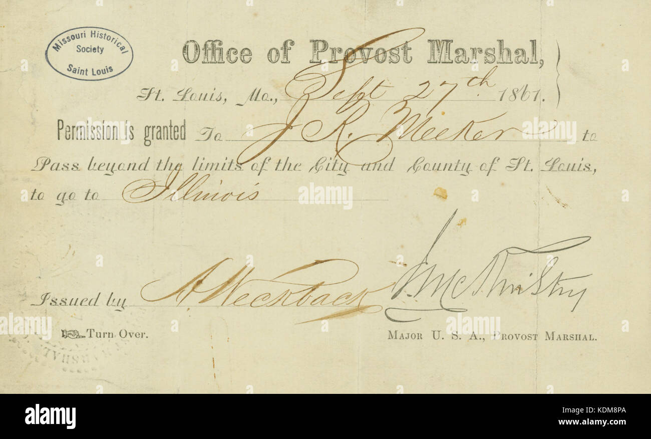 Military pass for J.R. Meeker issued by A. Weckback, Office of Provost ...