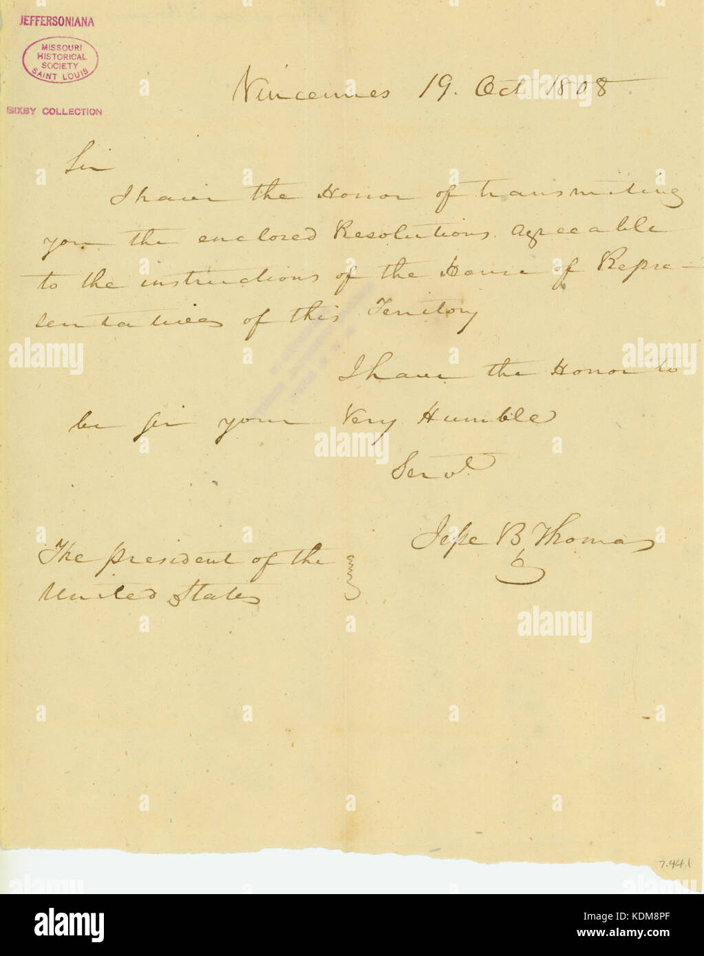 Letter signed Jesse B. Thomas, Vincennes, to Thomas Jefferson, October ...