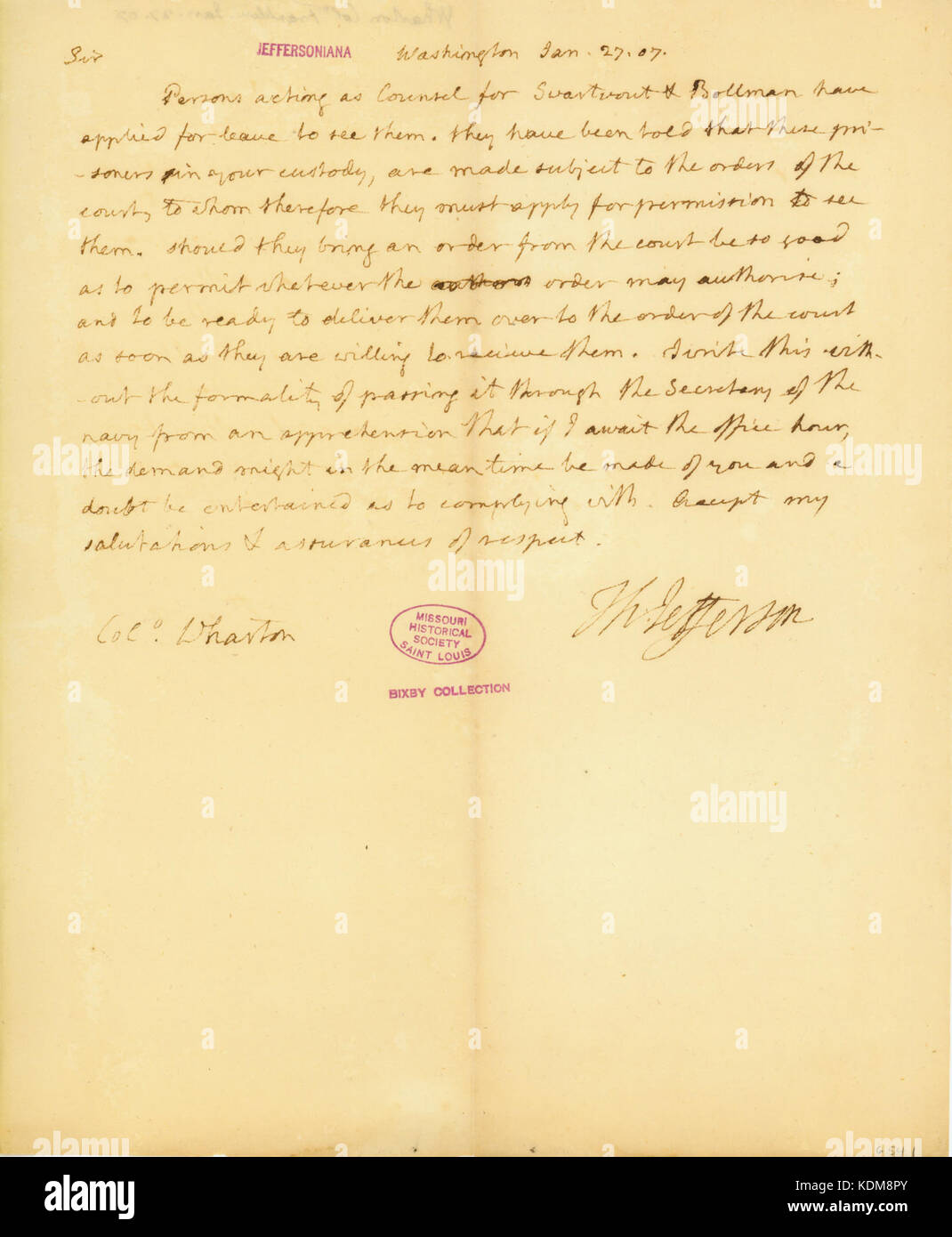 This is a letter signed by Thomas Jefferson, dated January 27, 1807 ...