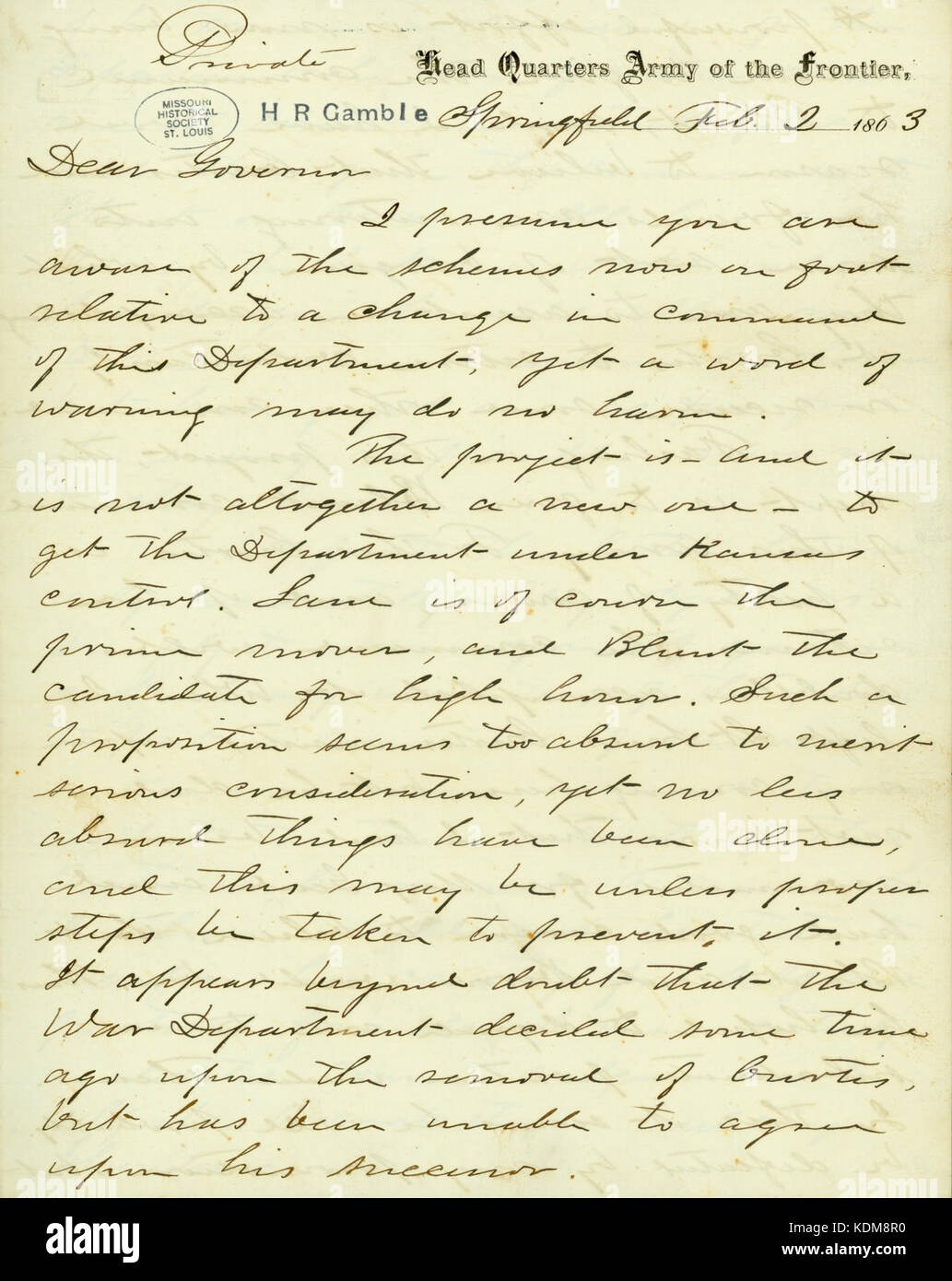 Letter signed J.M. Schofield, Head Quarters Army of the Frontier ...