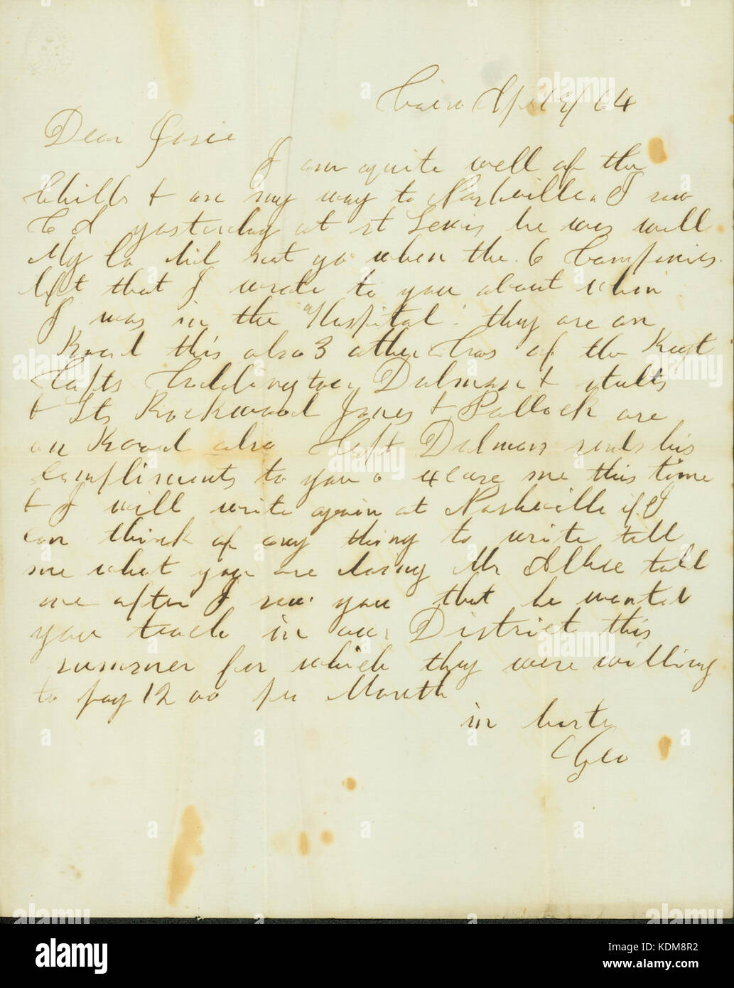 Letter from George, Cairo, Illinois to Josephine, April 9, 1864 Stock ...