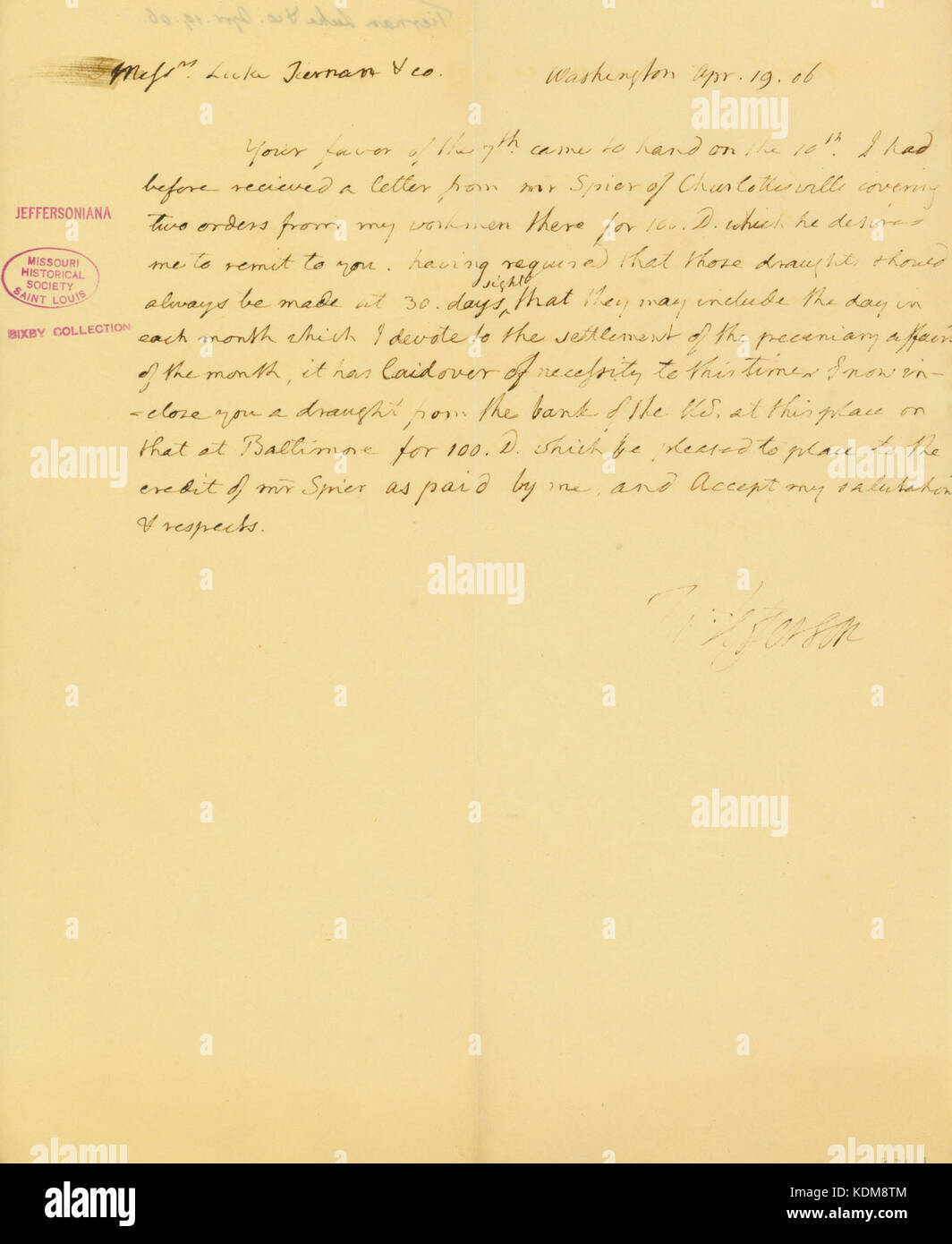 Letter signed Thomas Jefferson, Washington, to Messrs. Luke Tiernan and ...