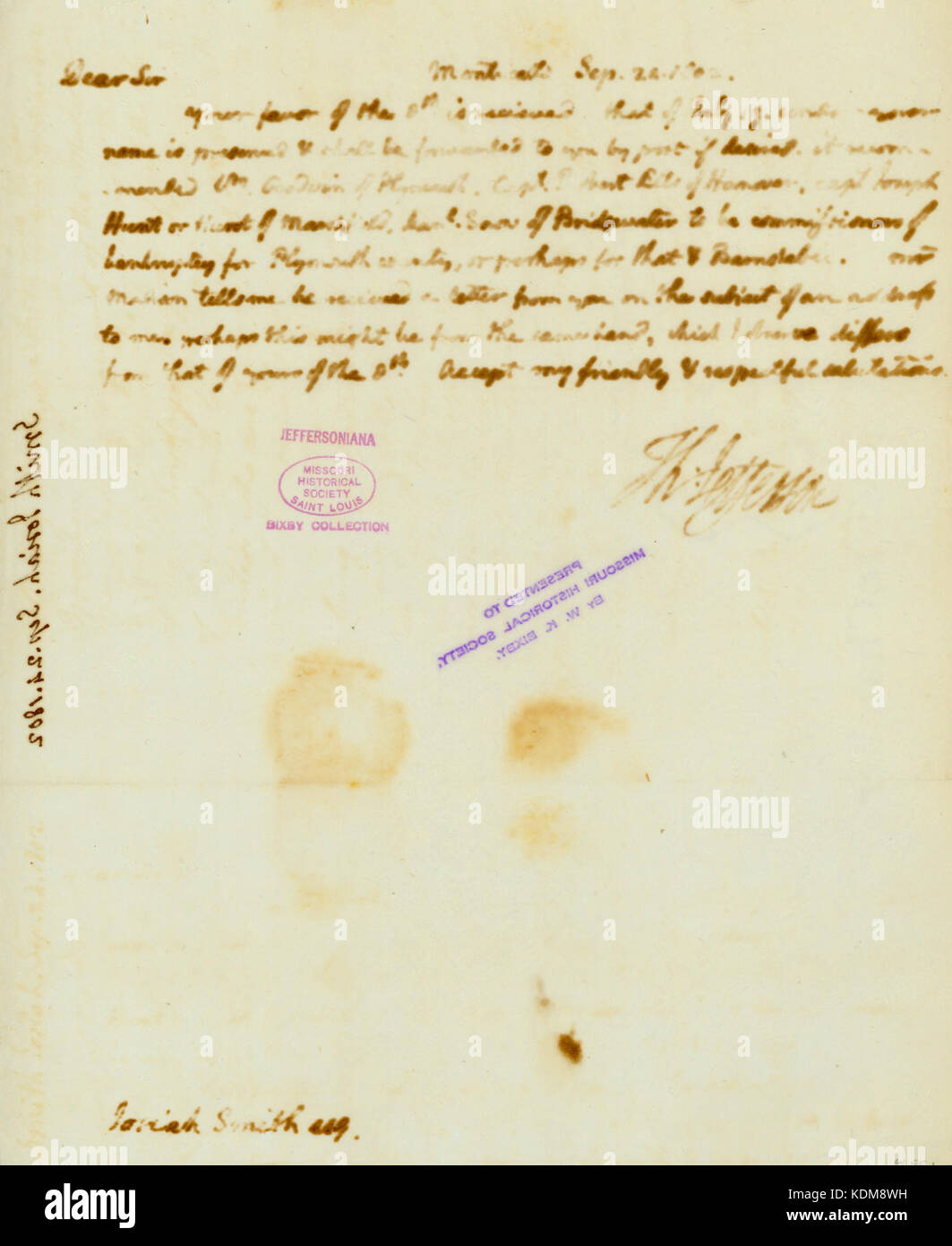Letter from Thomas Jefferson, Monticello, to Josiah Smith, September 24 ...