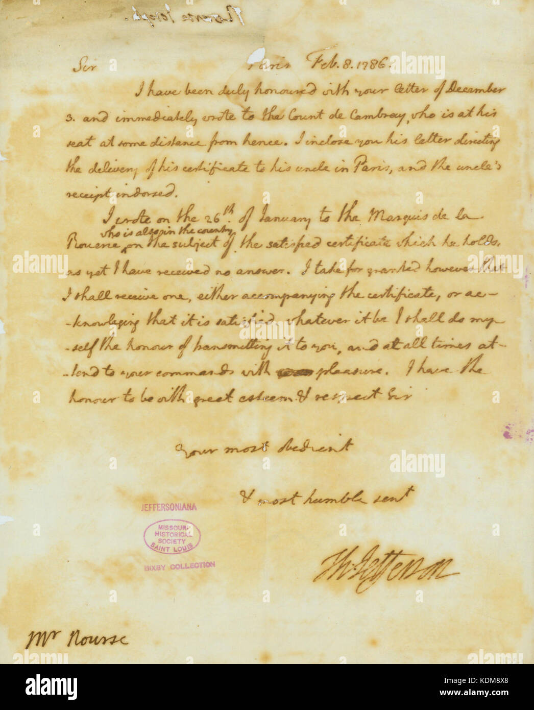 Letter signed Thomas Jefferson, Paris, to Joseph Nourse, February 8 ...