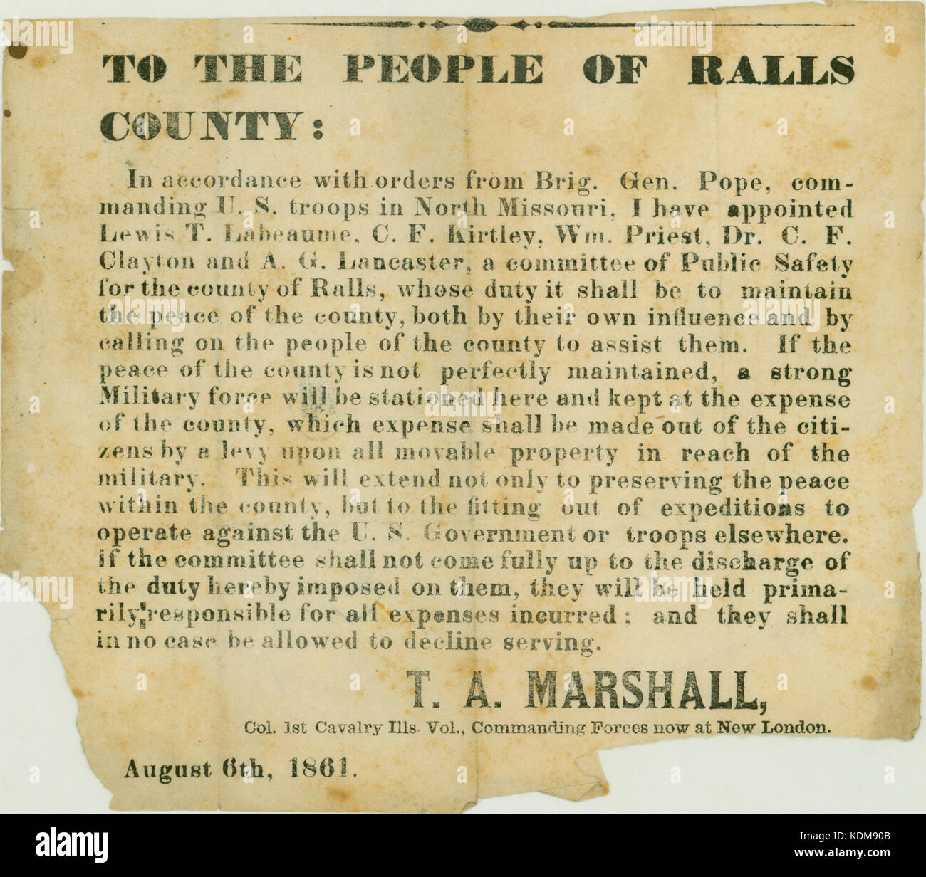 Proclamation to the People of Ralls County by T.A. Marshall, August 6 ...