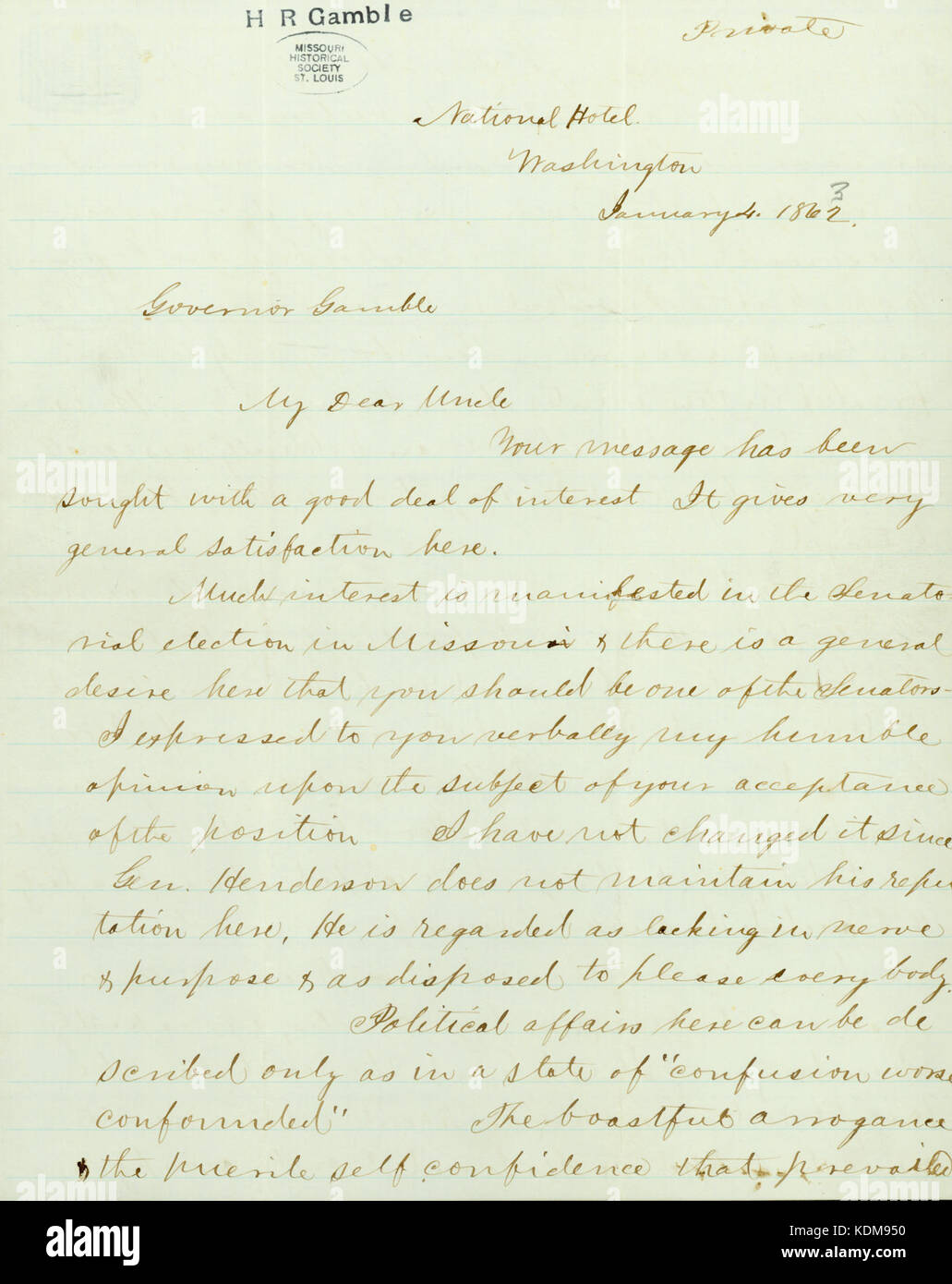 Letter signed C. Gibson, National Hotel, Washington, to Governor Gamble ...