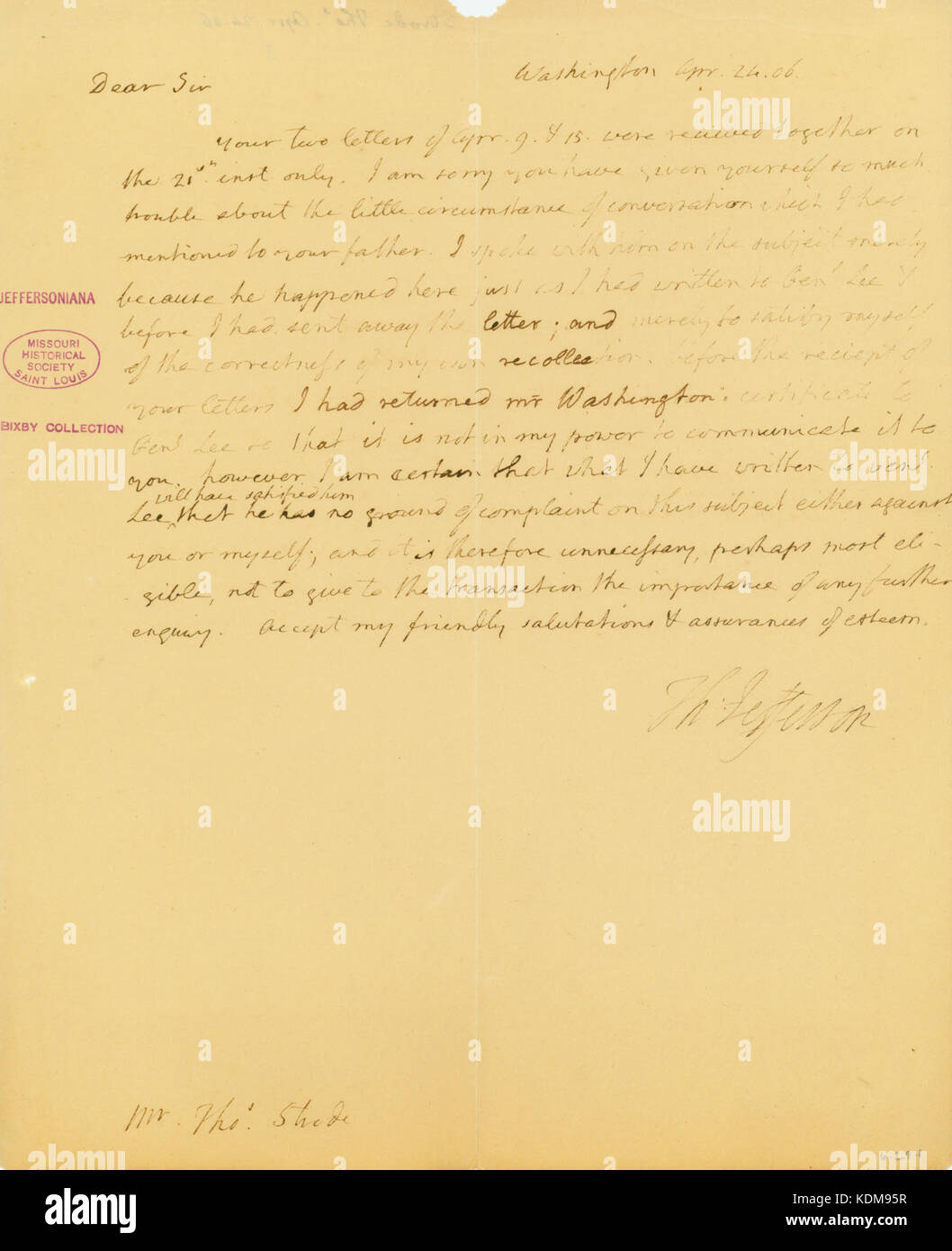 Letter signed Thomas Jefferson, Washington, to Thomas Strode, April 24 ...