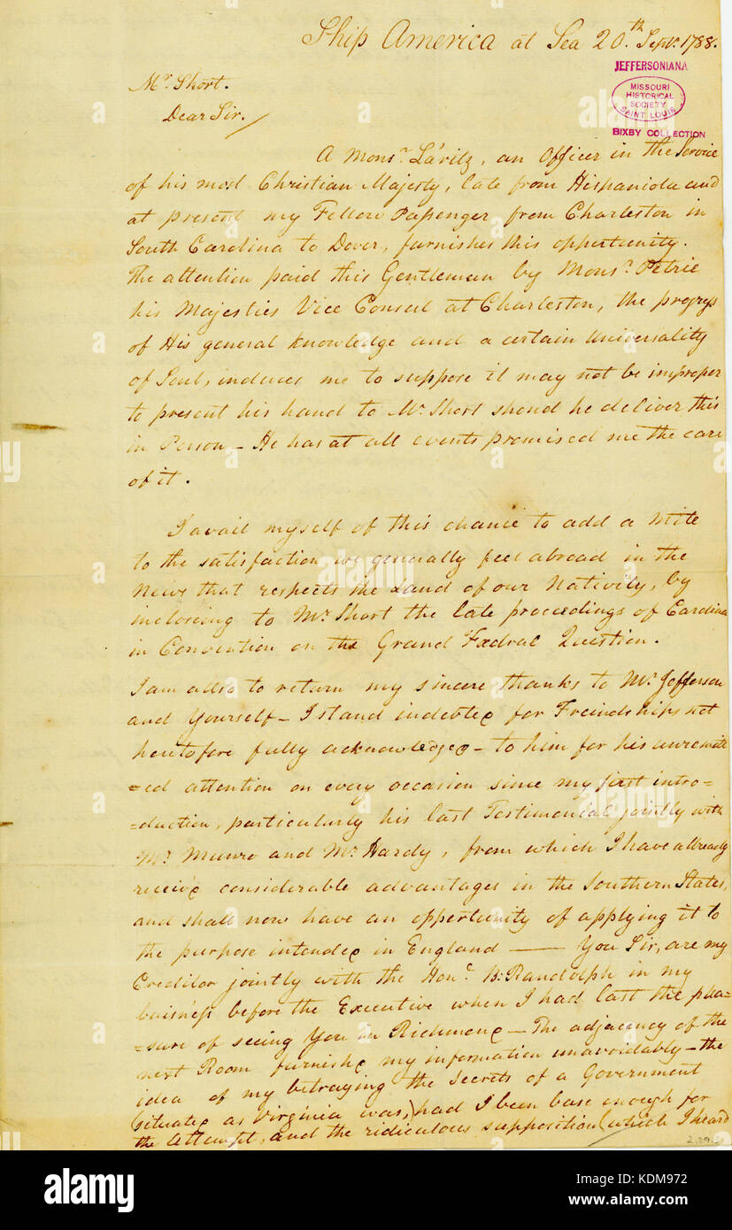 Letter signed William Tatham, 'Ship America at sea,' British Channel ...
