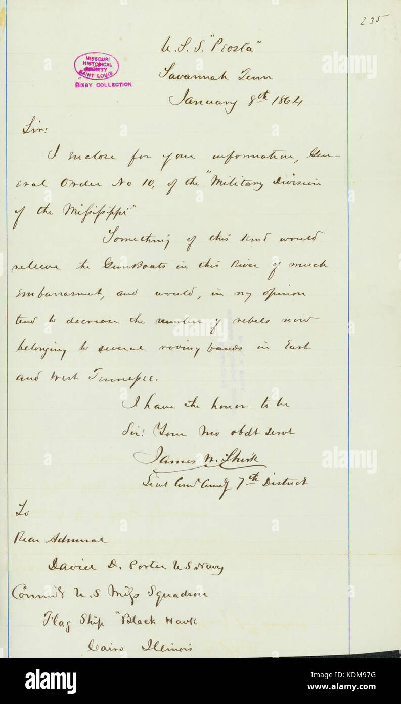 Letter from James W. Shirk, U. S. S. Peosta, Savannah, Tennessee, to ...