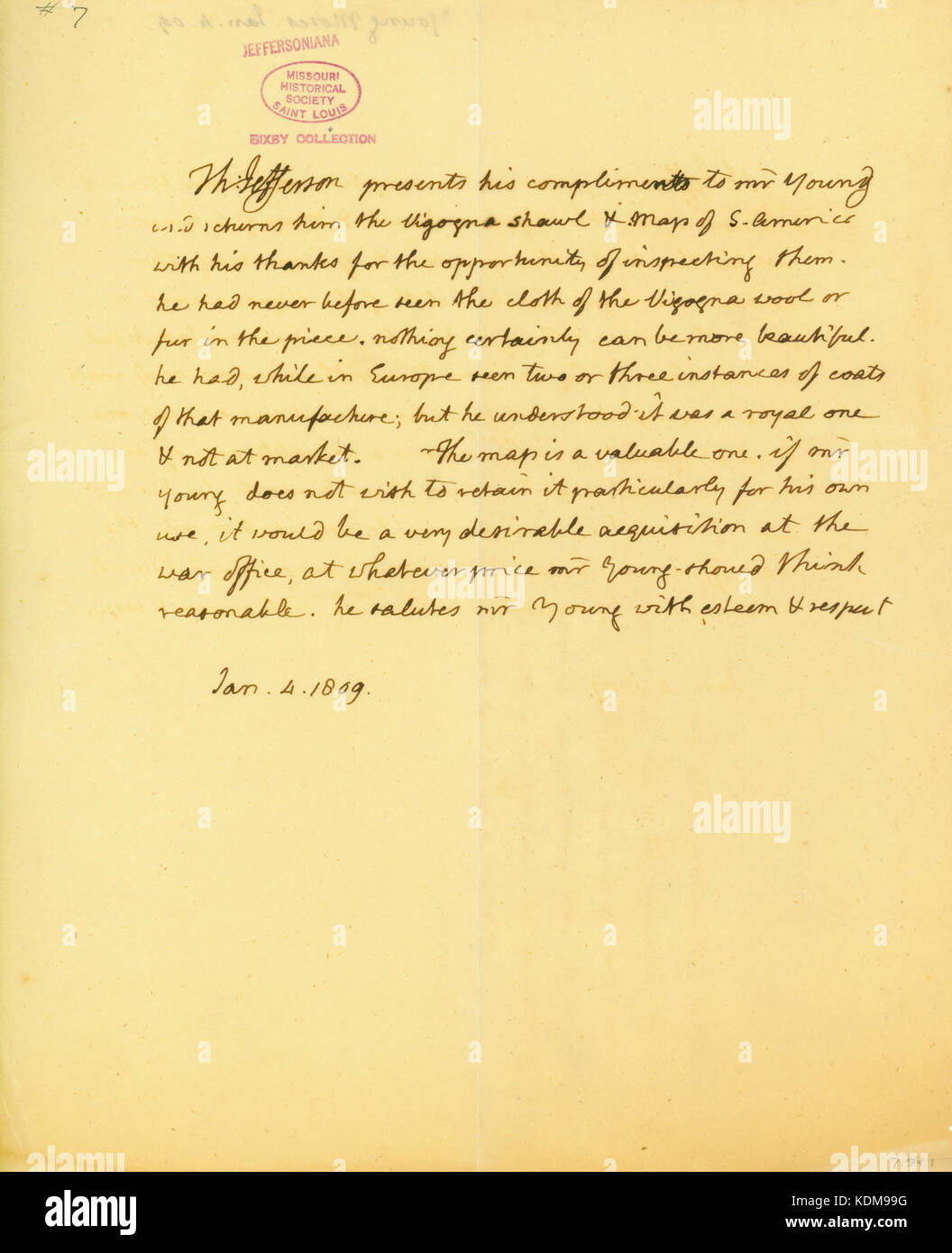 Letter signed Thomas Jefferson to Moses Young, January 4, 1809 Stock ...