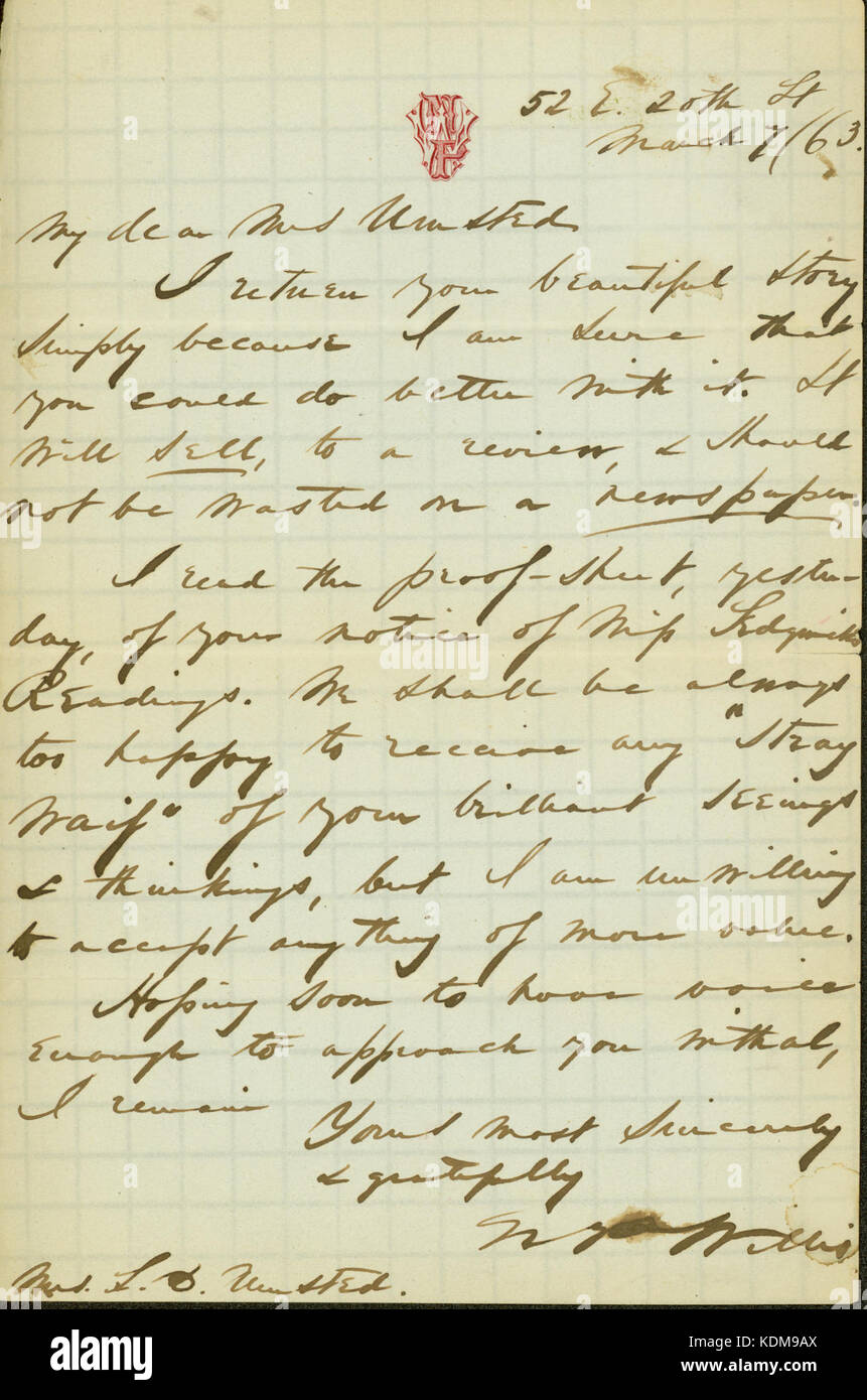Letter signed N.P Willis to Mrs. L.D. Umsted, March 7, 1863 Stock Photo ...