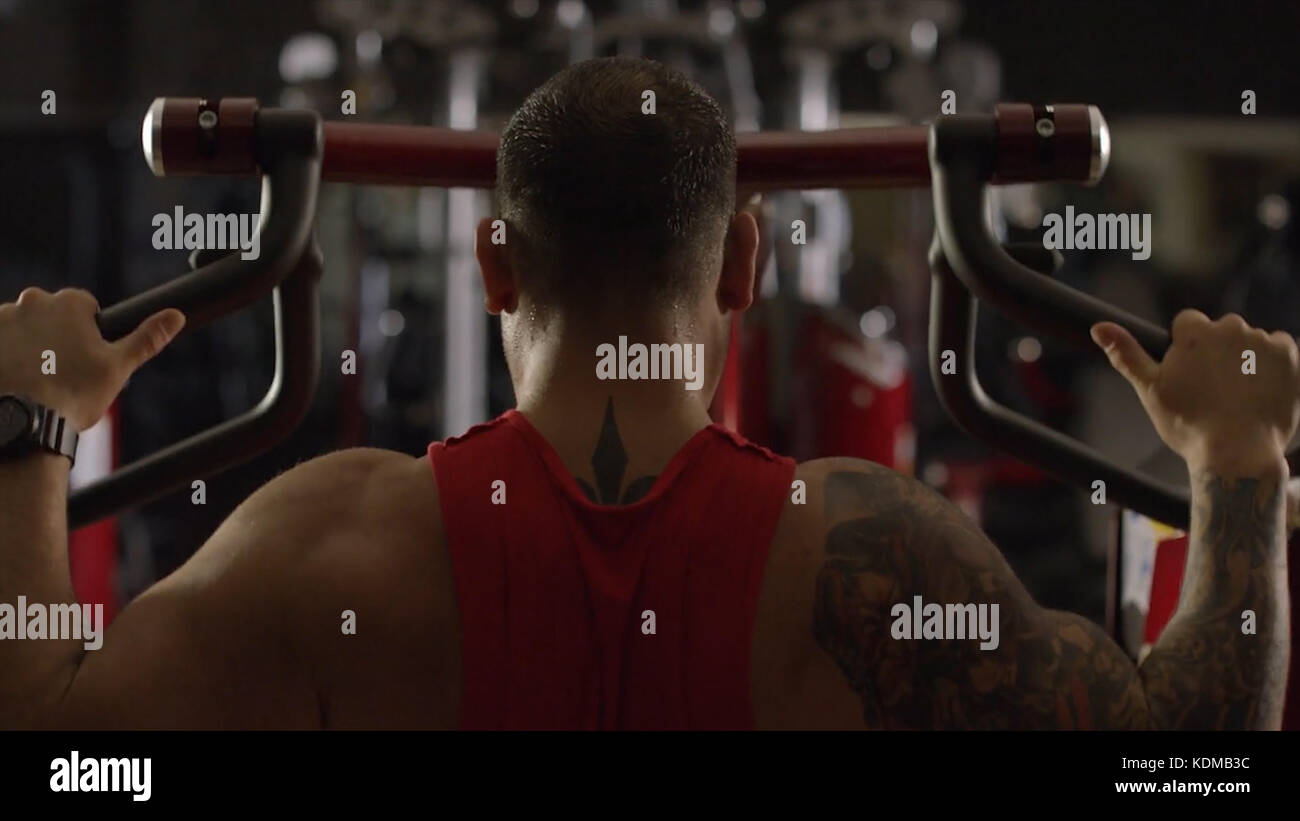 Athletic man training back muscles in gym. Brutal strong athletic men ...